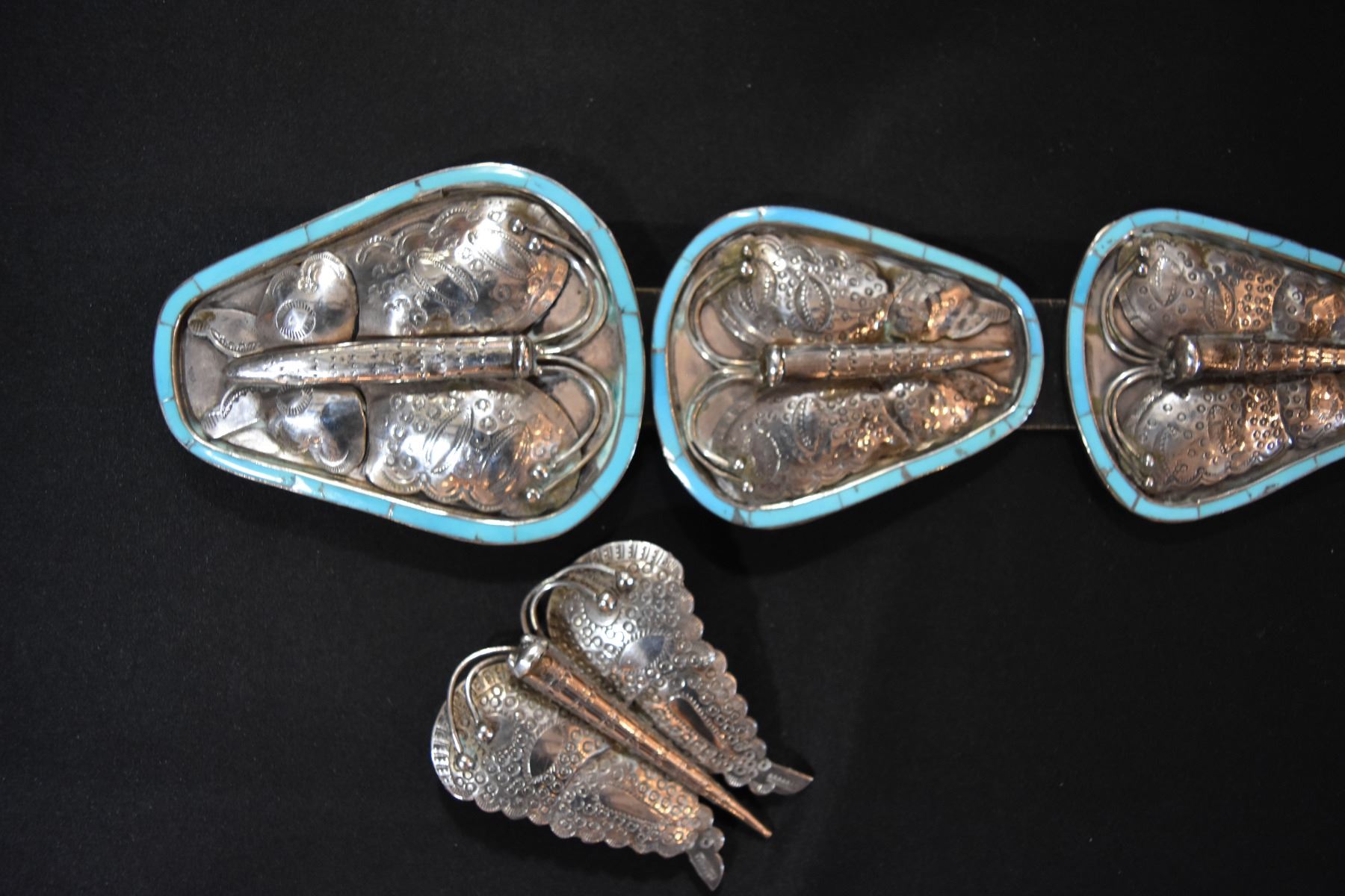 Silver with Turquoise Framed Butterfly Conchos on Black Leather Belt ...