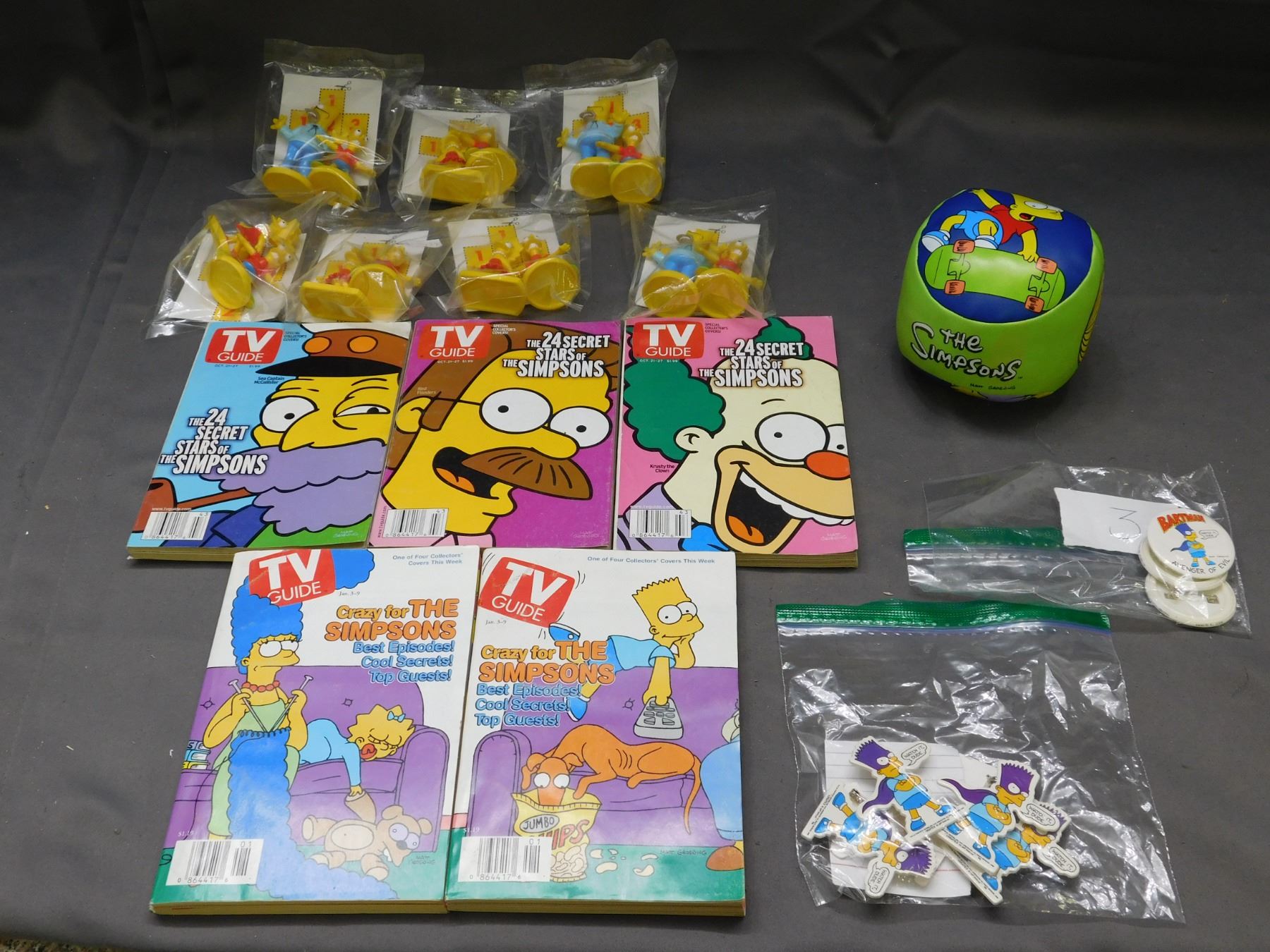 Lot of The Simpsons TV Guides, Ball, Pins, Figures