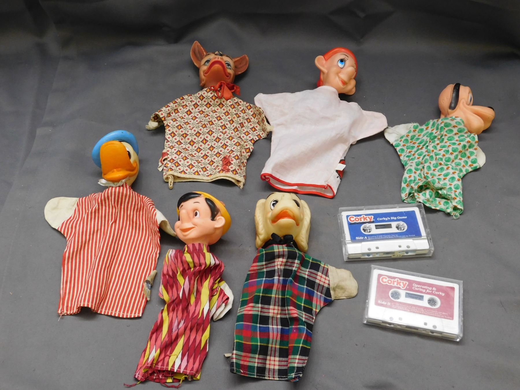 Lot of 6 Vintage Hand Puppets Rubber Heads and Corky Cassette Tapes