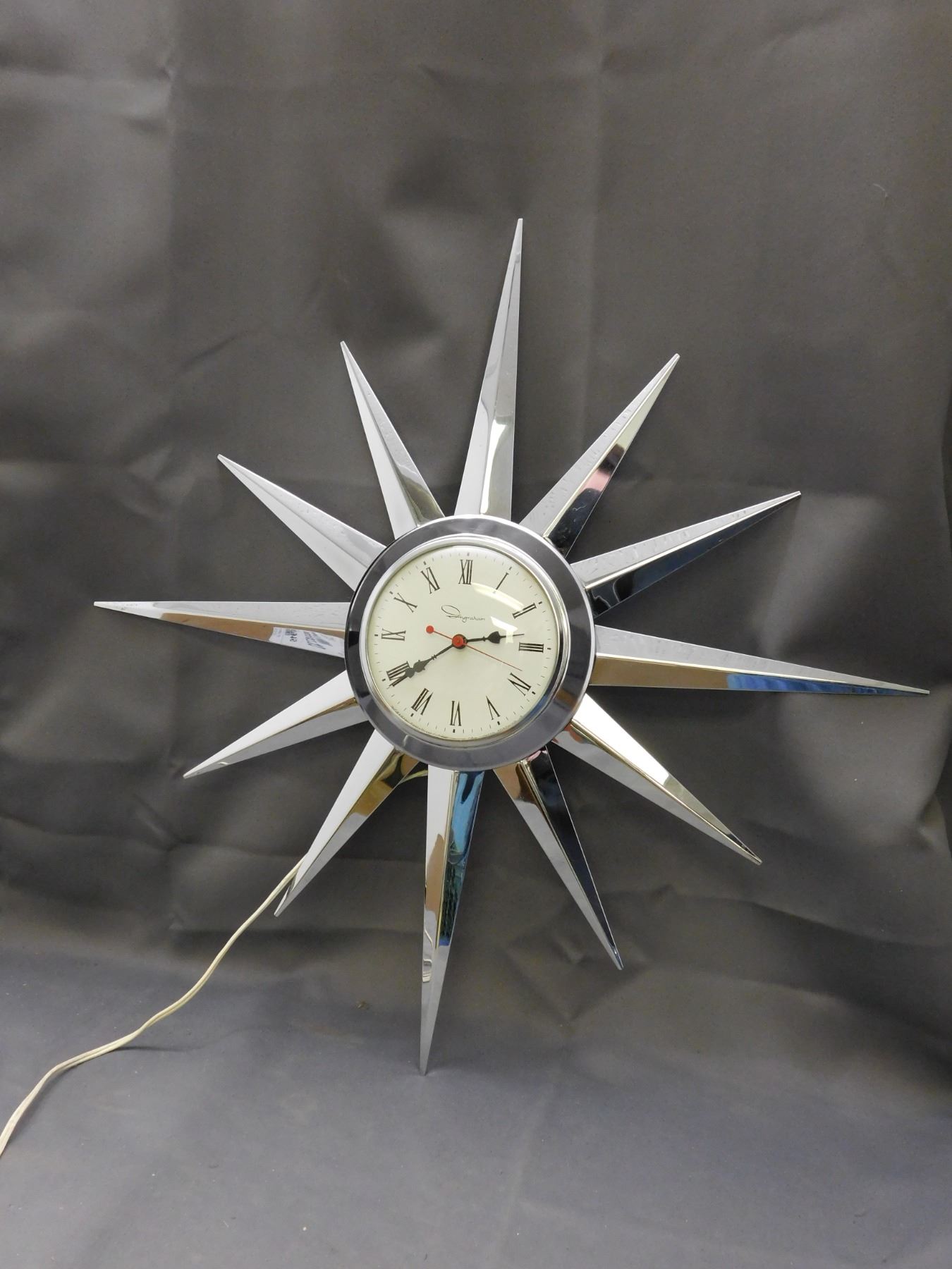 Vintage MCM 1960s Ingraham Chrome Starburst Wall Clock