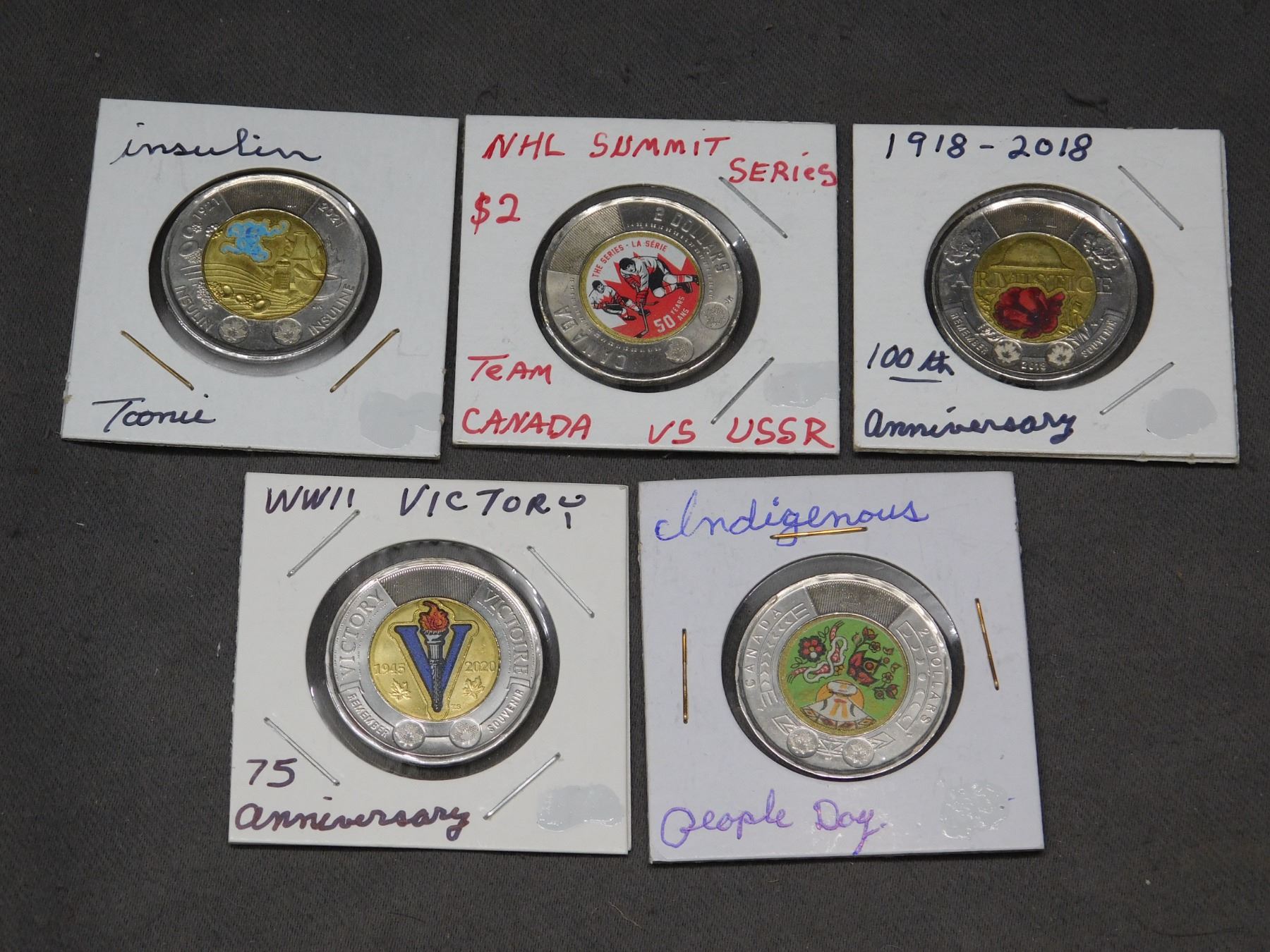 5 Assorted Canada Colored Coloured Toonie