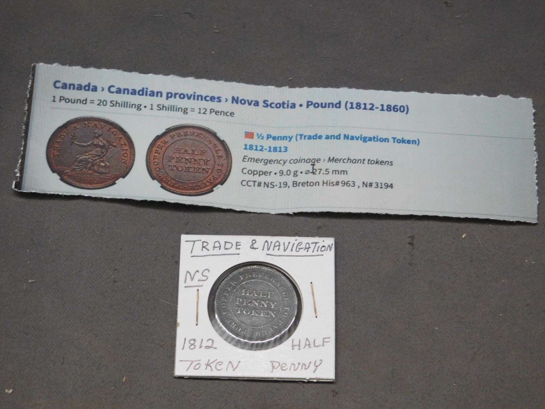 Rare 1812 Nova Scotia 1/2 Penny Trade & Navigation Token