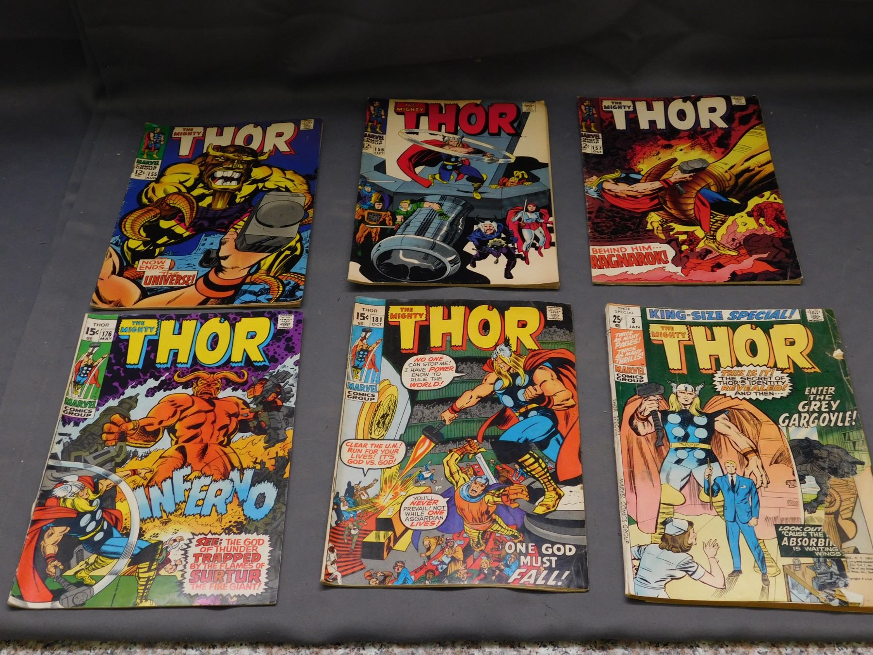 Lot of 6 Vintage 12c Comic Books Marvel THOR #155, 156, 157, 176, 181 ...