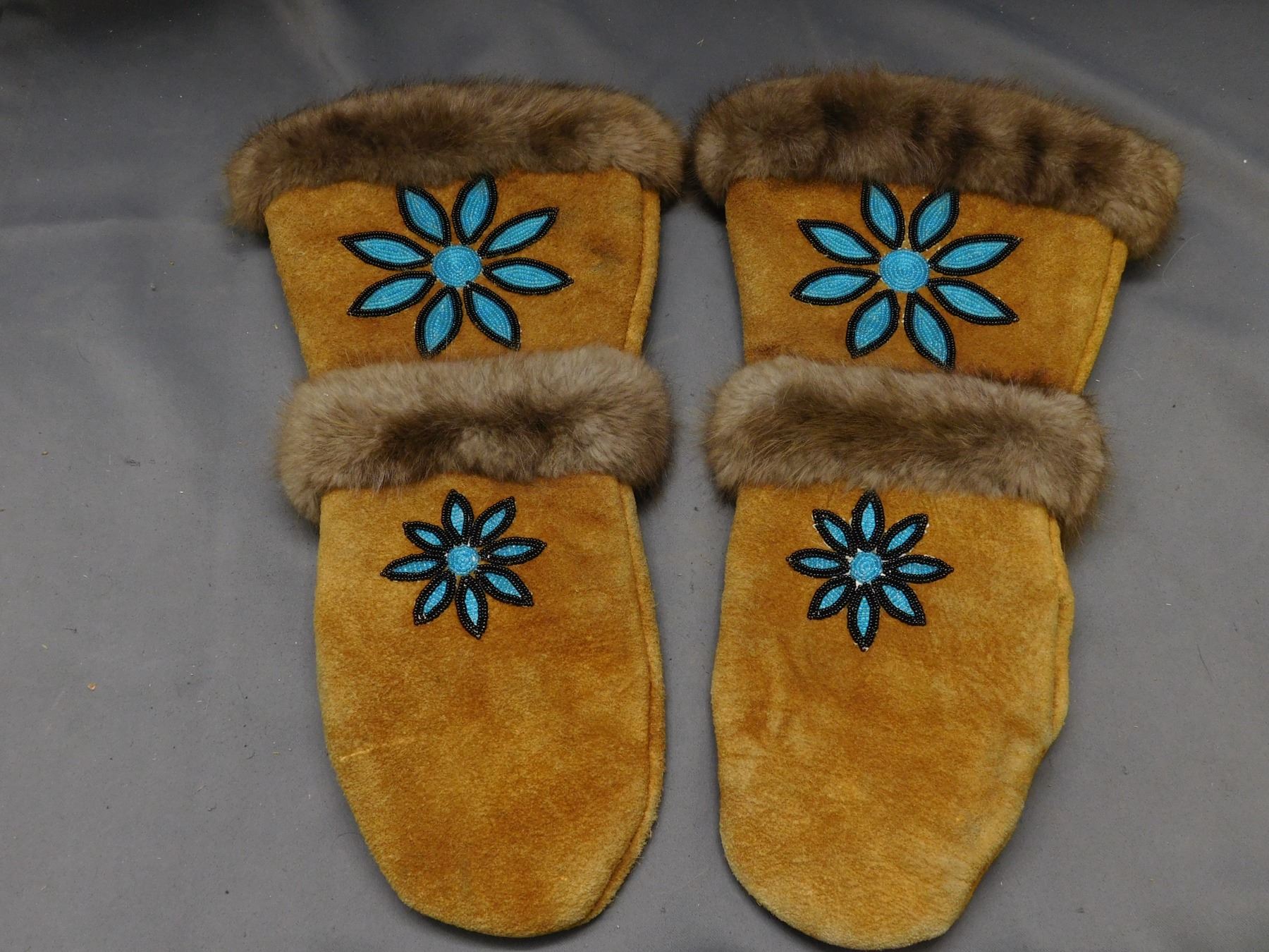 Pair of Indigenous Leather & Fur Gauntlets Mittens with Beaded Detail