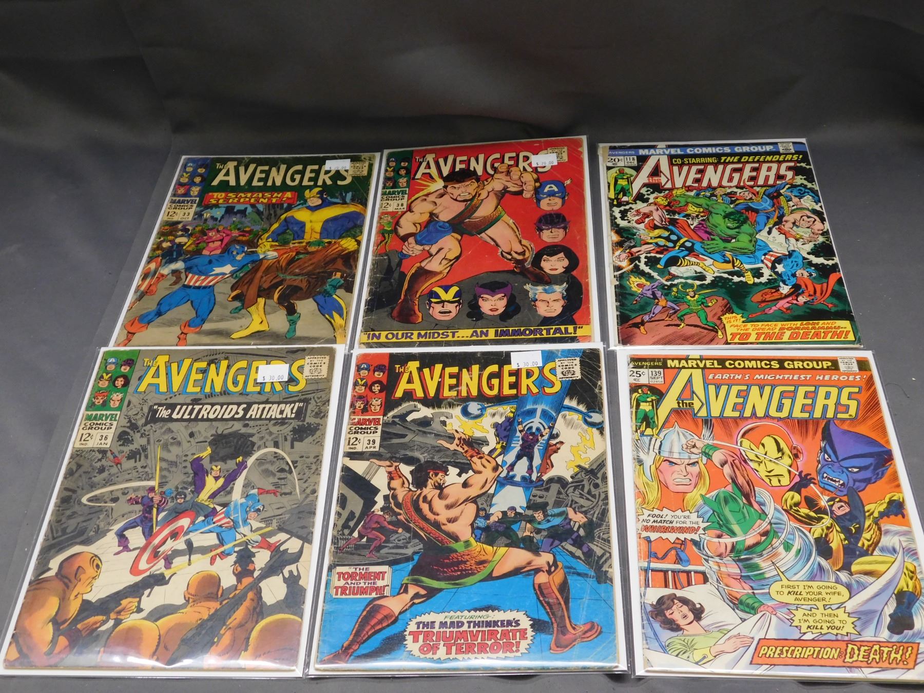 Lot of 6 Vintage Avengers Comic Books Marvel #33, 36, 38, 39, 118, 139