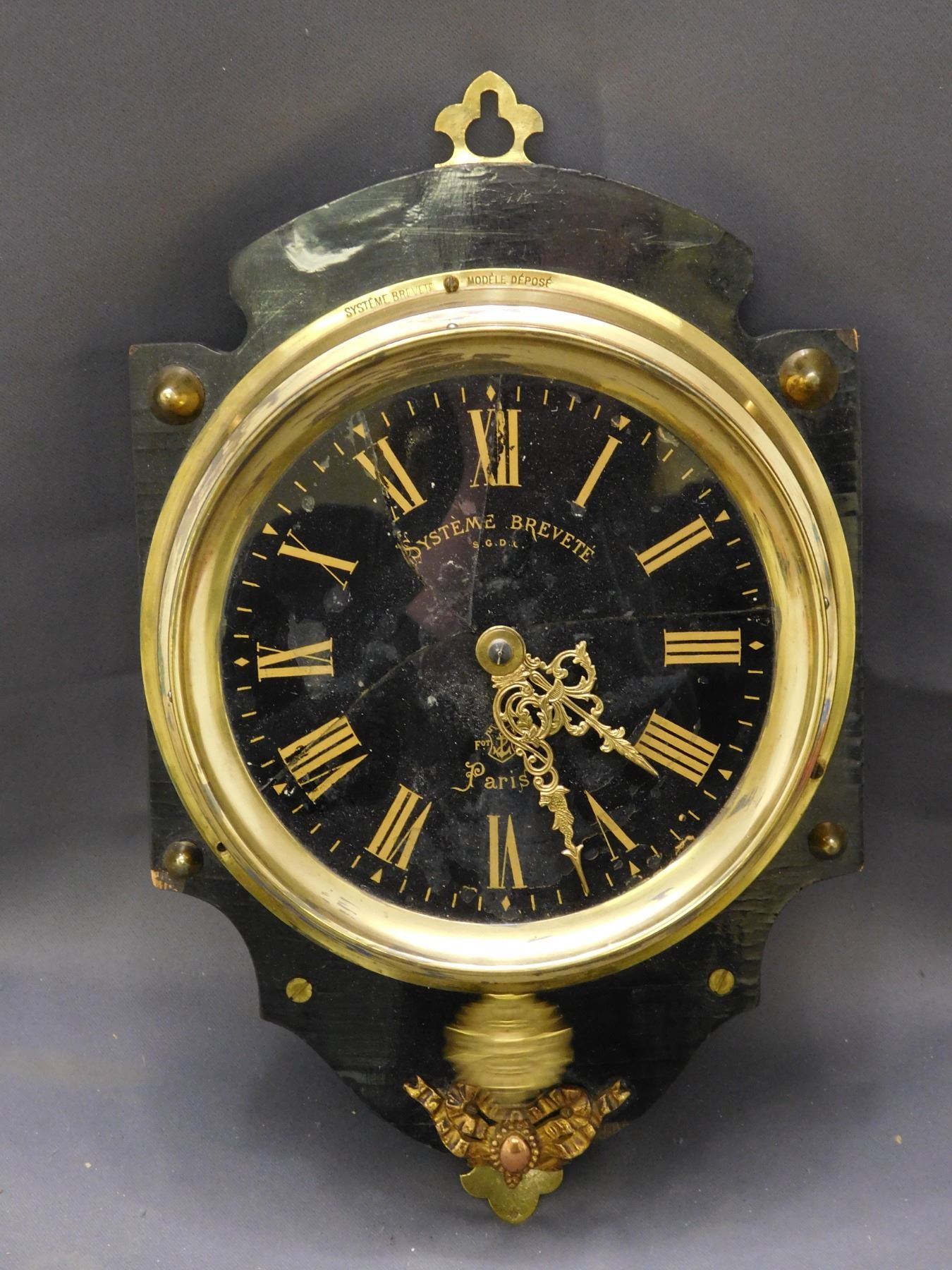 Antique French Systeme Brevete Paris Wall Clock Black and Gold *as is*