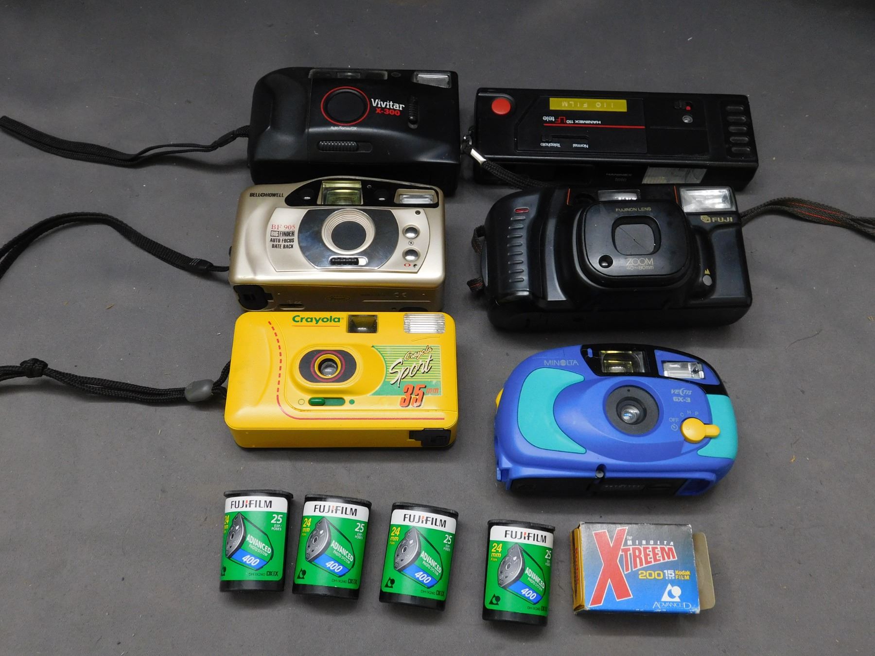 Lot of 6 Vintage Film Cameras, 35mm, 110mm, Crayola, Rolls of Film