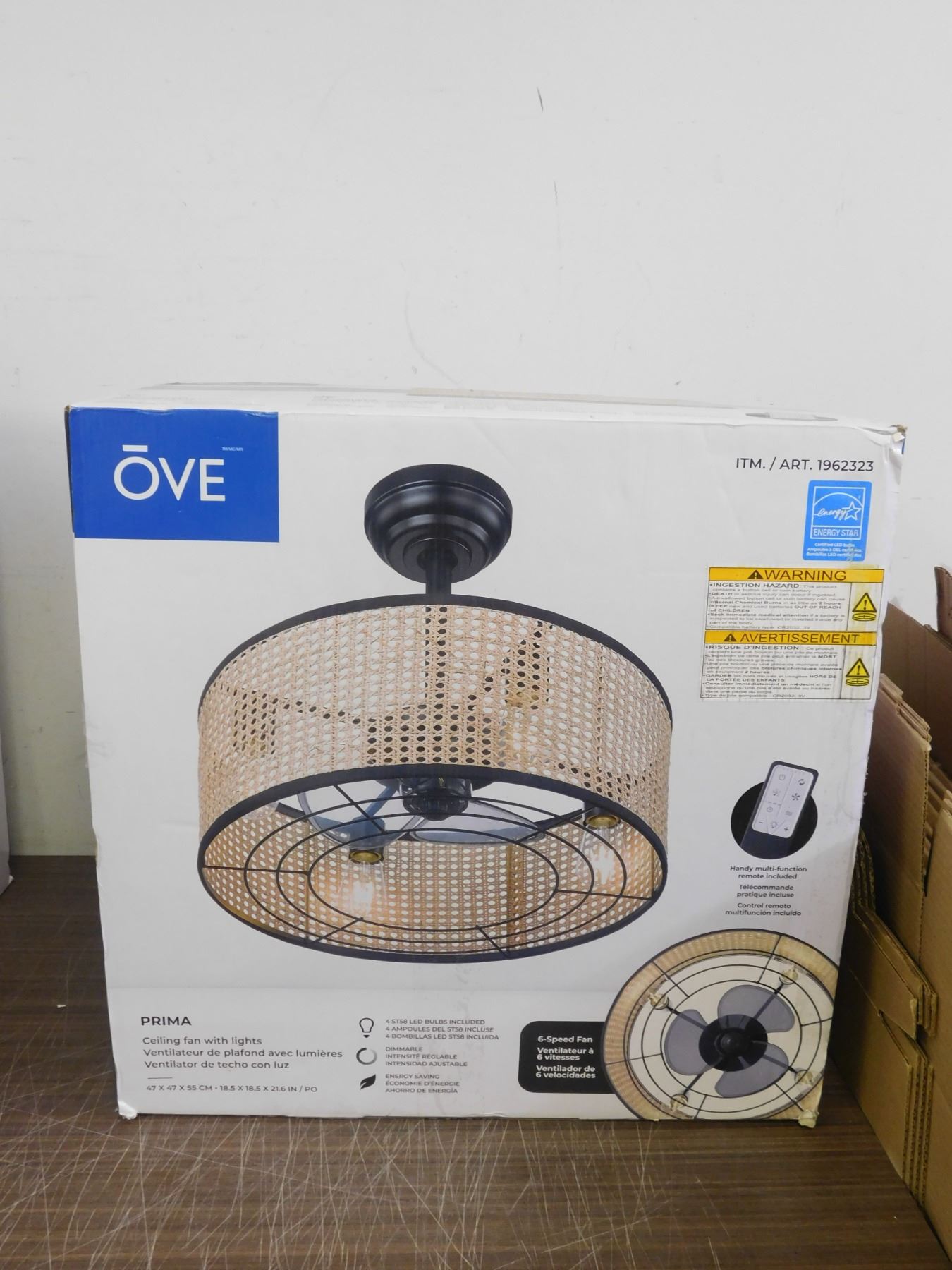 PRIMA OVE Ceiling Fan with Lights Metal and Wicker Design NEW / RETURN ...