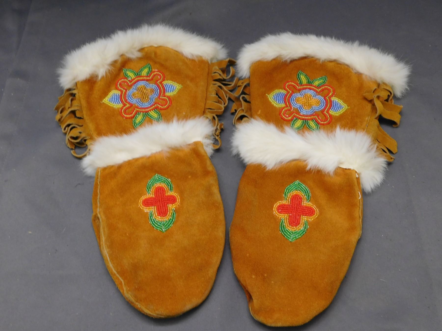 Pair of Indigenous Leather and Fur Mitts Gauntlets Gloves with Beaded ...