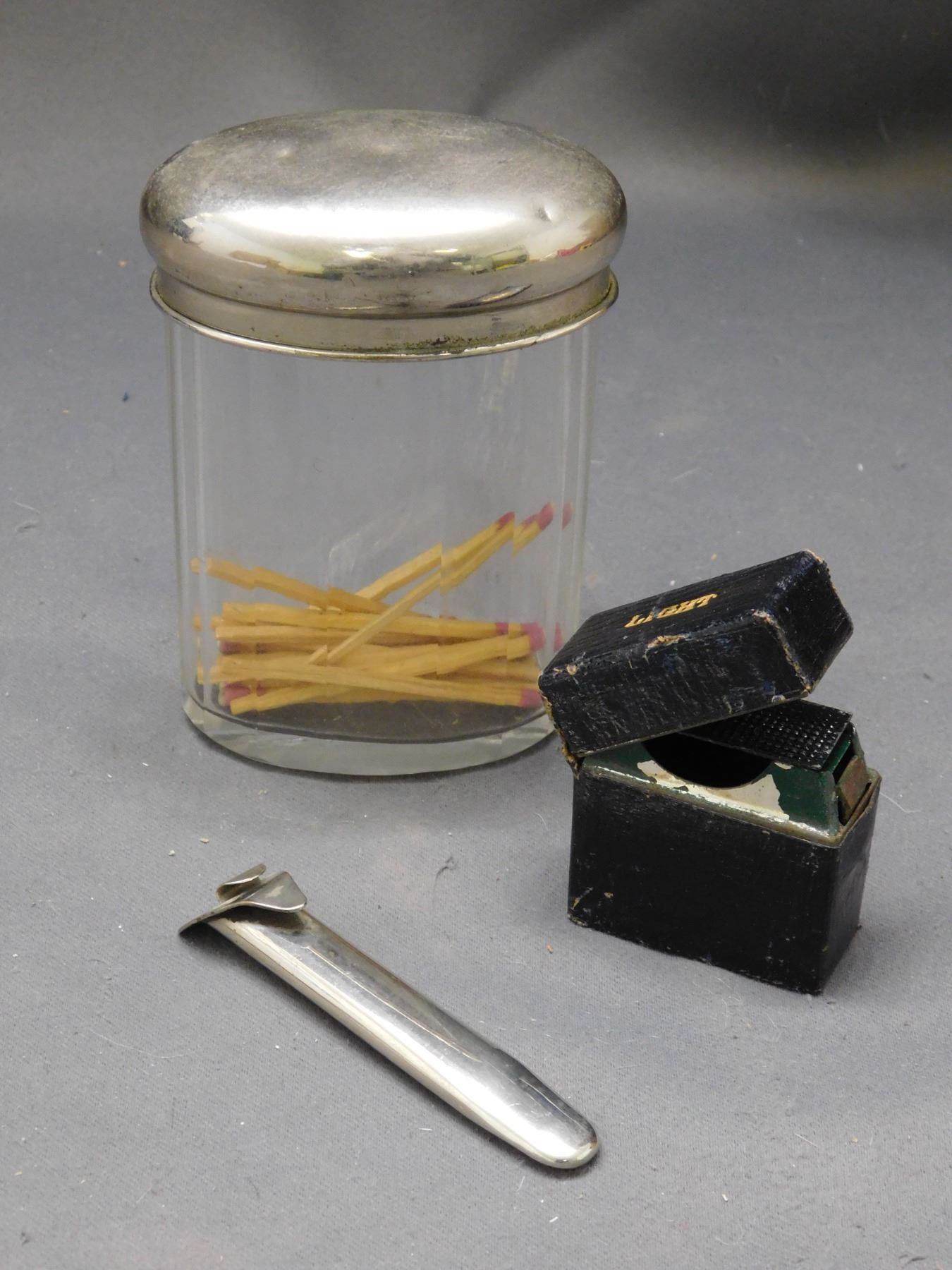 Antique Leather Clad Metal Match Safe and Antique Posey Holder & Glass Jar