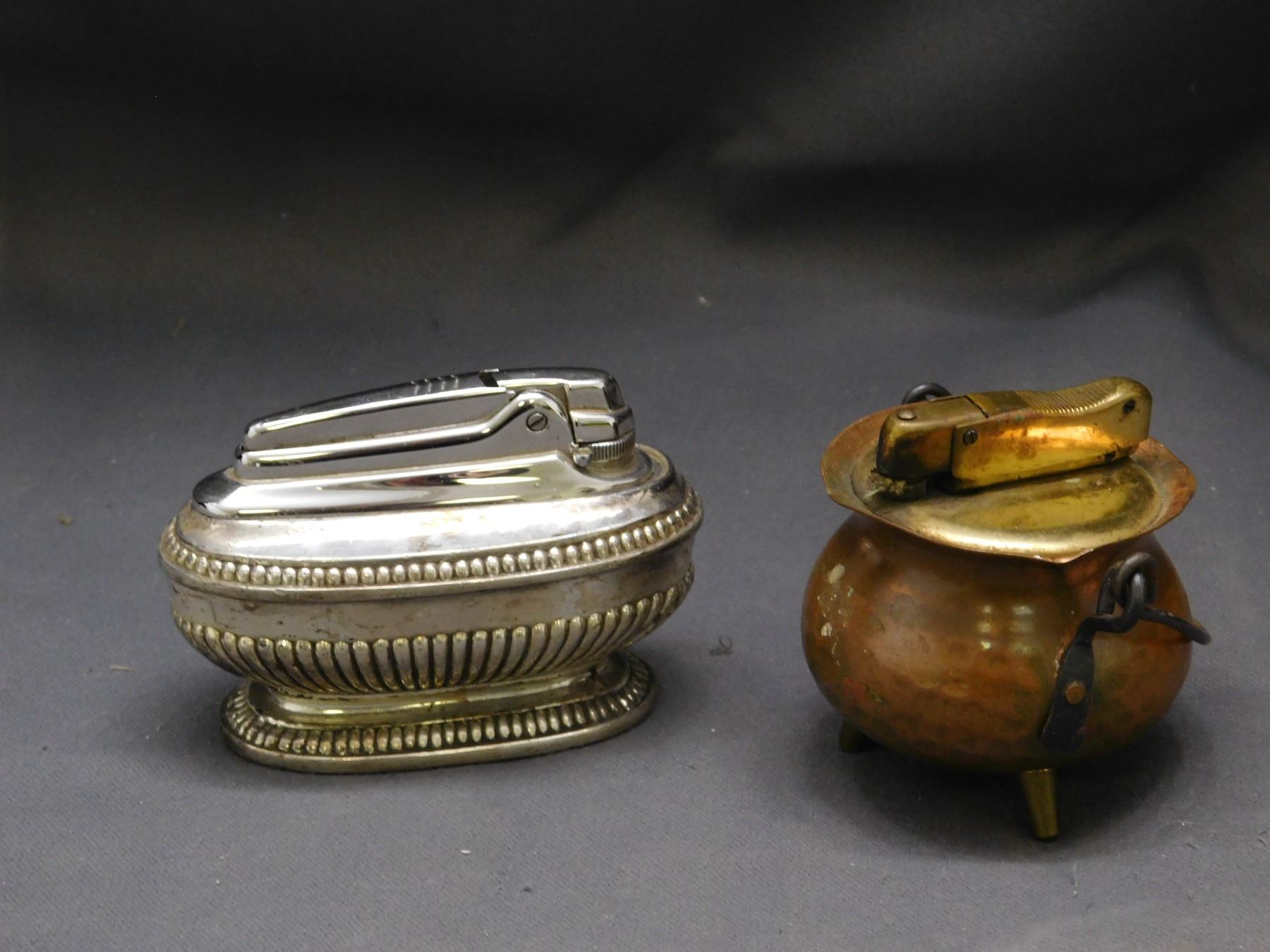 Pair of Table Lighters Vintage Copper Cauldron and Silverplate Ronson