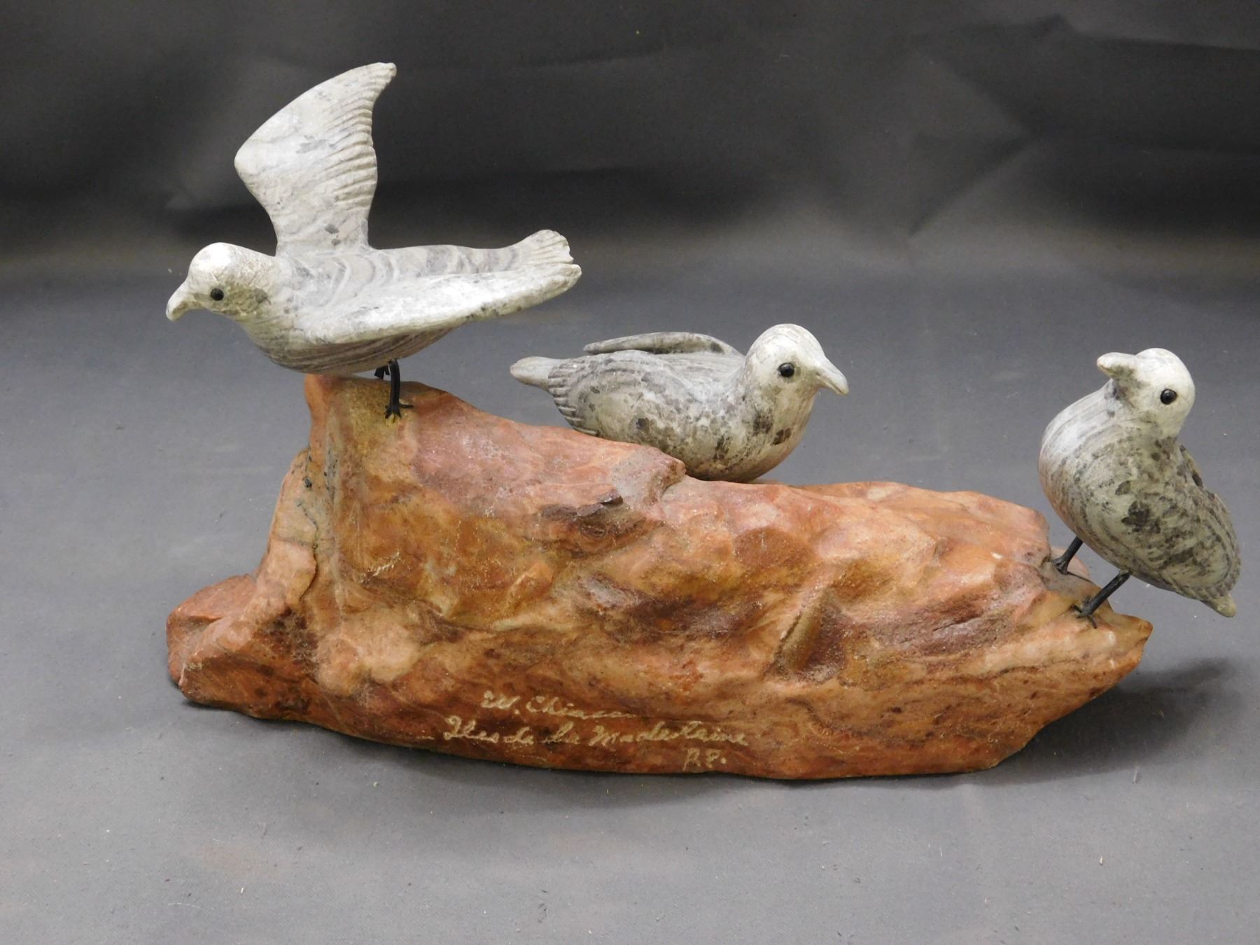 Stone Carved Seagulls 12" Sculpture Artist Signed