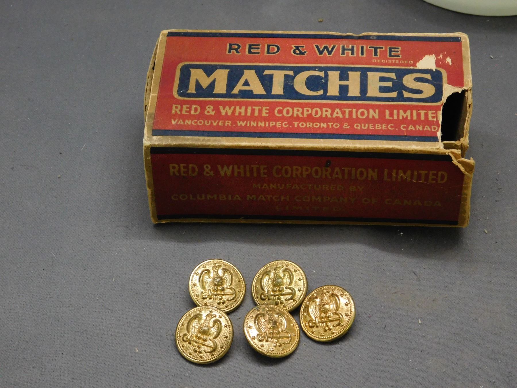 Red & White Matches Box & 5 Military Buttons