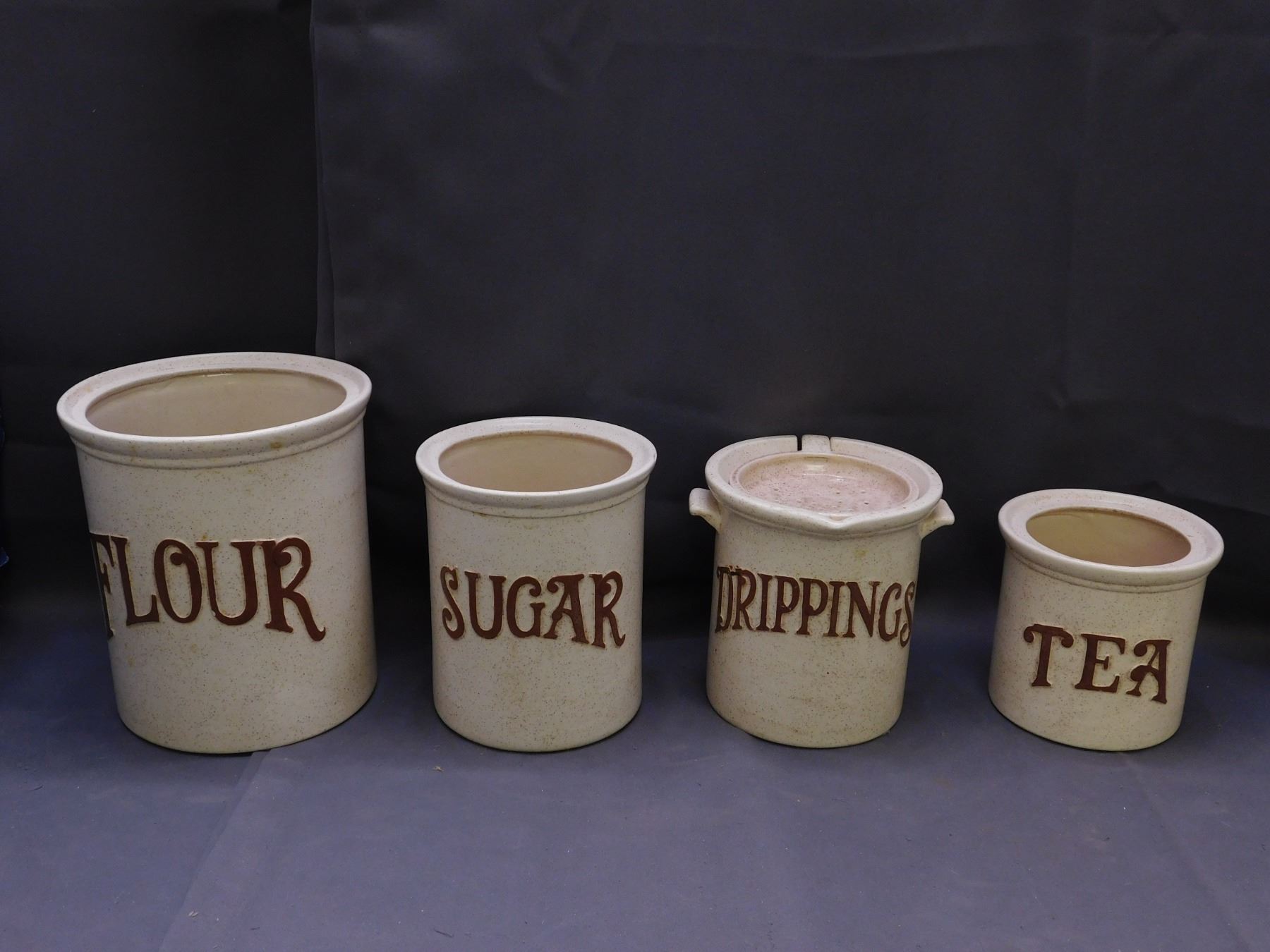 Flour, Sugar, Drippings & Tea Canisters Pottery Ceramic