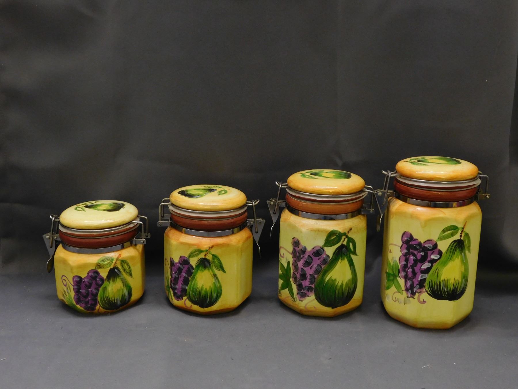 Ceramic Pottery China Locking Canister Set Grape & Pear Painted