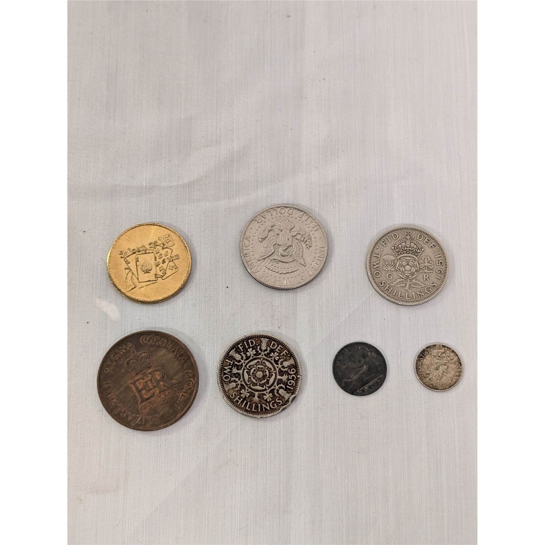Lot of 7 Vintage Antique Coins and Tokens USA Britain 1869 Spain South ...