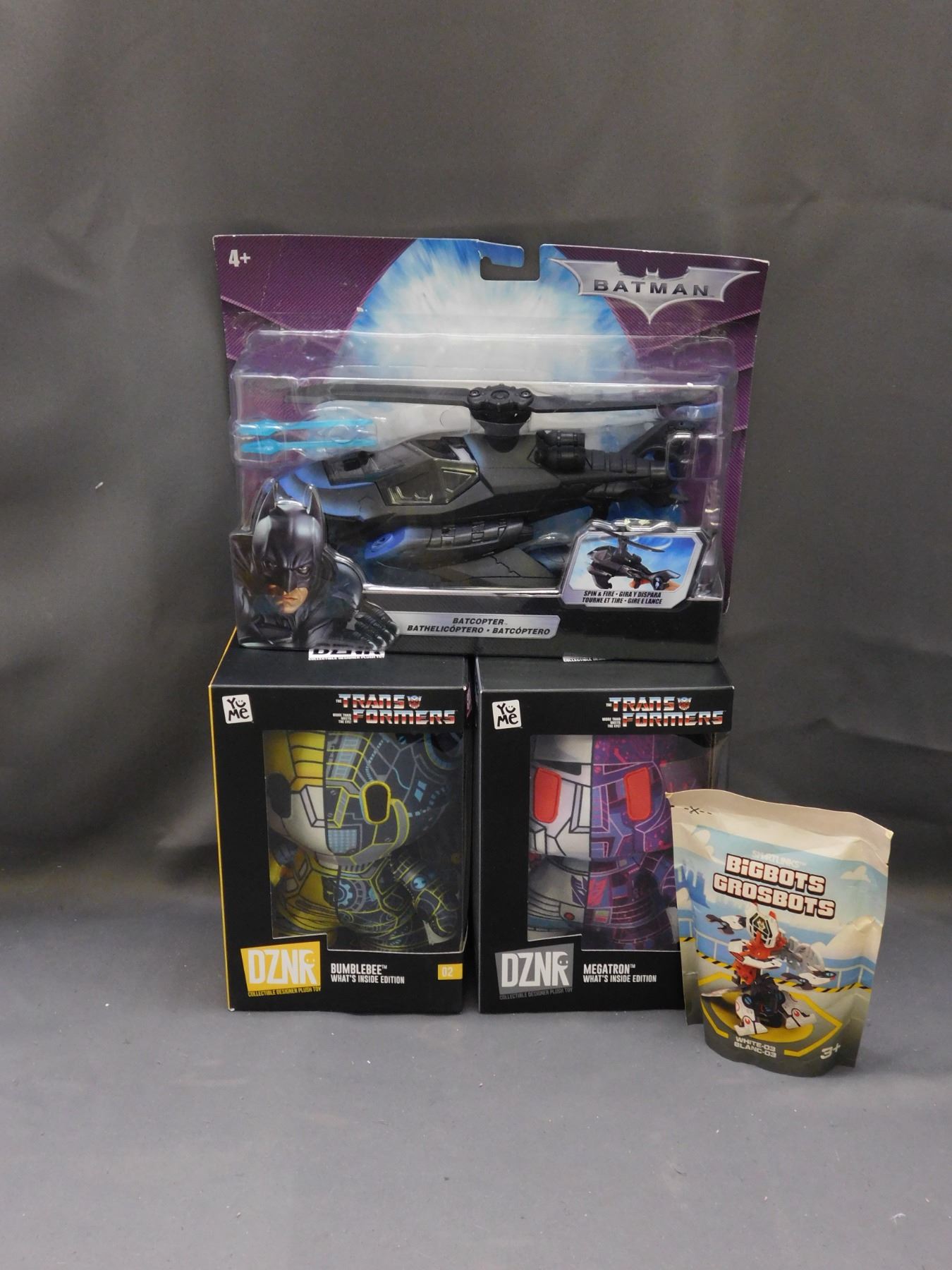 Lot of 4 Packaged Toys Transformers, Batman Batcopter, Bigbots