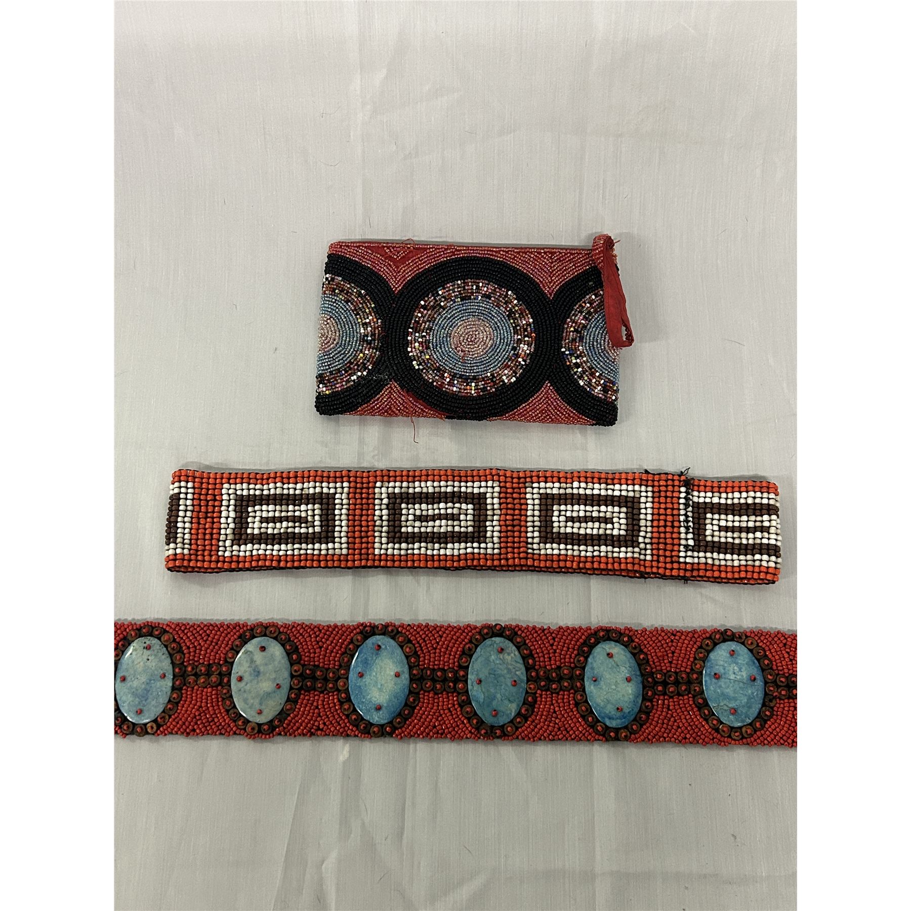 Lot of 3 Indigenous Beaded Sash, Belt, Coin Bag