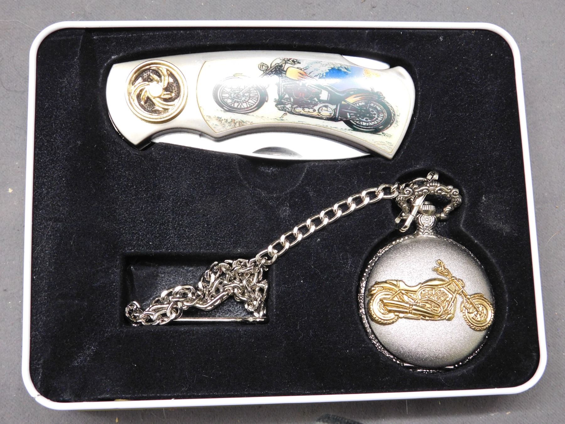 Motorcycle Pocket Watch and Pocket Knife in Presentation Tin