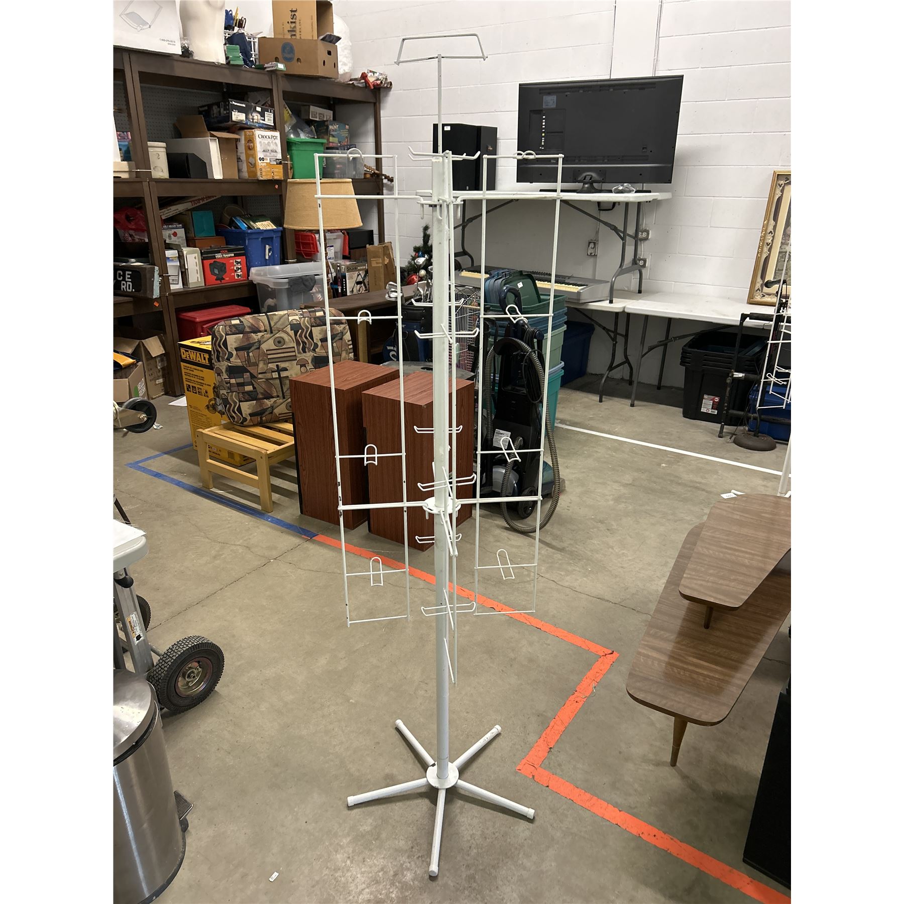 Floor Standing White Wire Store Rack Rotating with Hanging Pegs