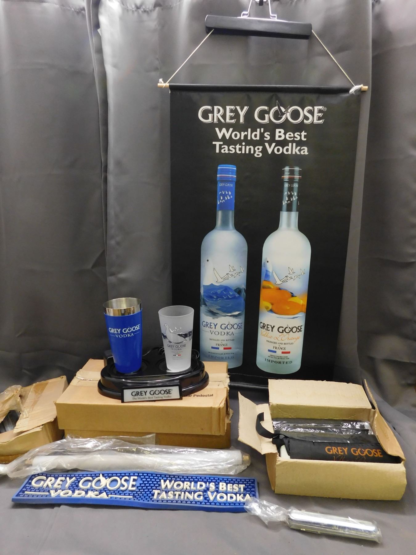 Lot of Grey Goose Vodka Promotional Merchandise, Bottle Lights, Bar Mat ...
