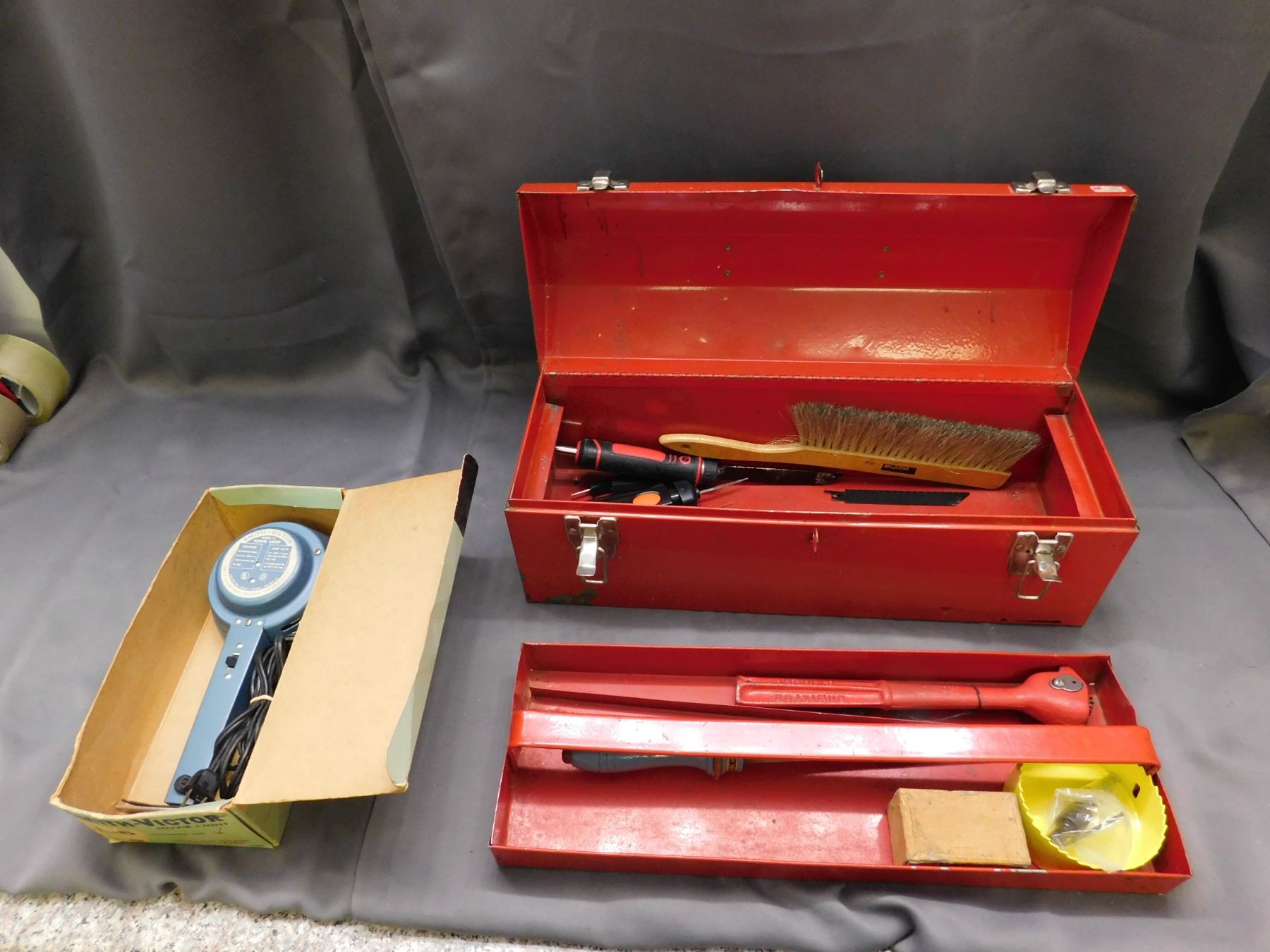 Mastercraft Tool Box with a few Hand Tools, Smith Victor Flood Light, etc
