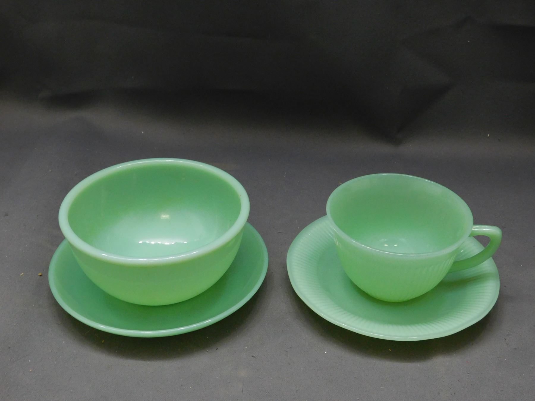 Lot of 2 Jadeite Green Cup and Saucer, Fire King Bowl and Plate
