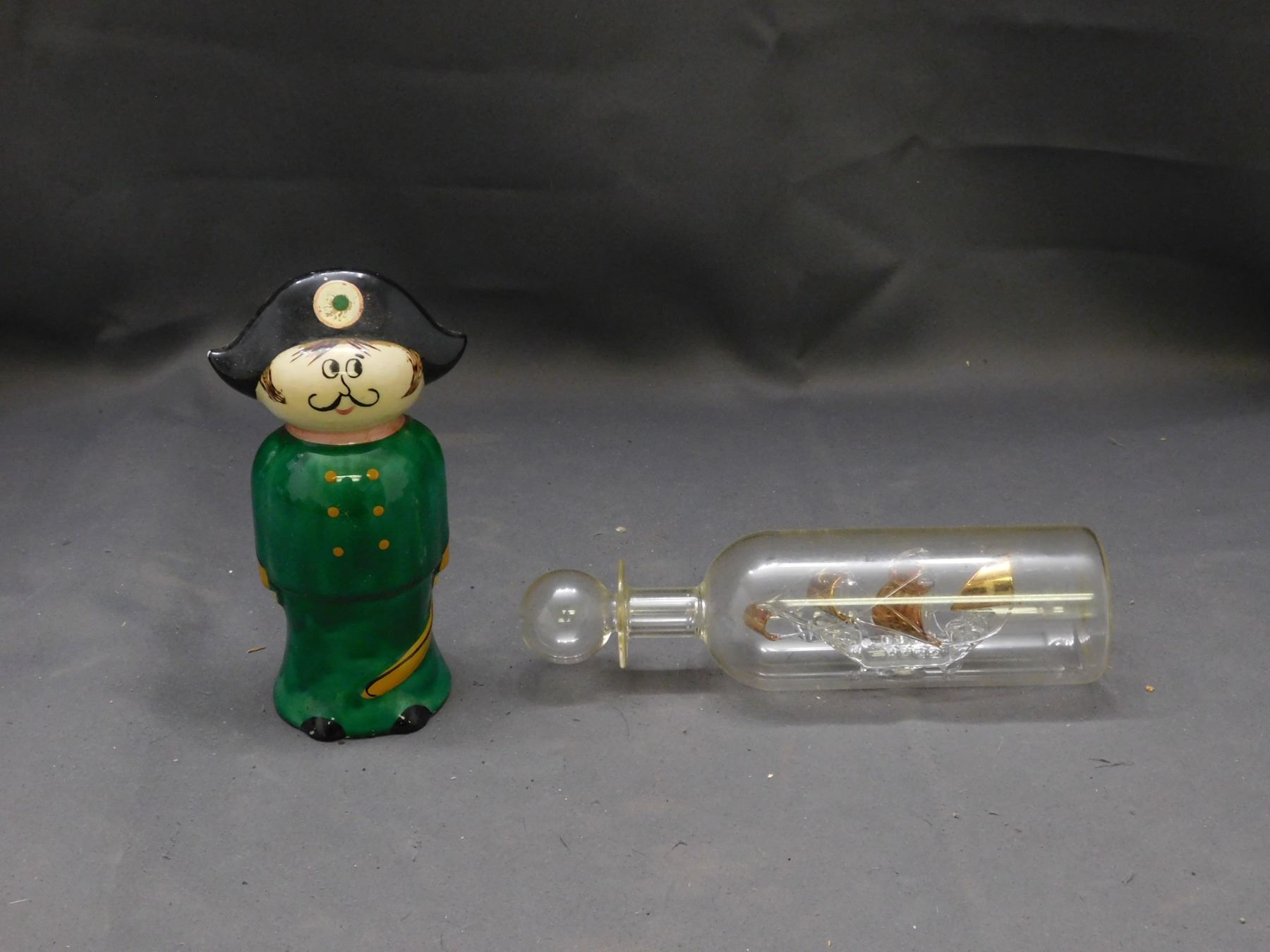 Vintage French Commander Ceramic Bank and Glass Ship in a Bottle