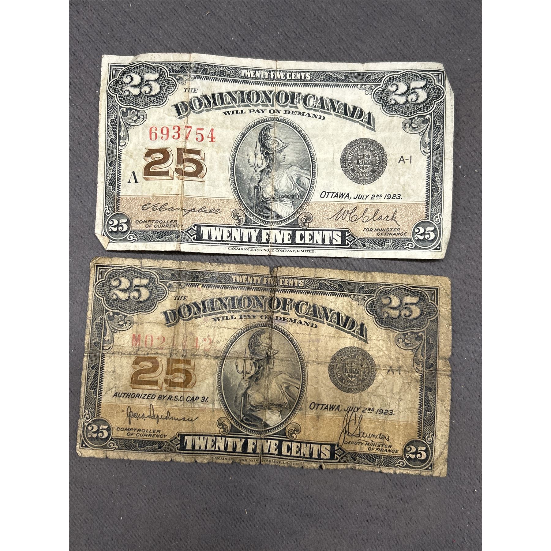 Lot of 2 1923 25c Shin Plaster Notes Dominion of Canada