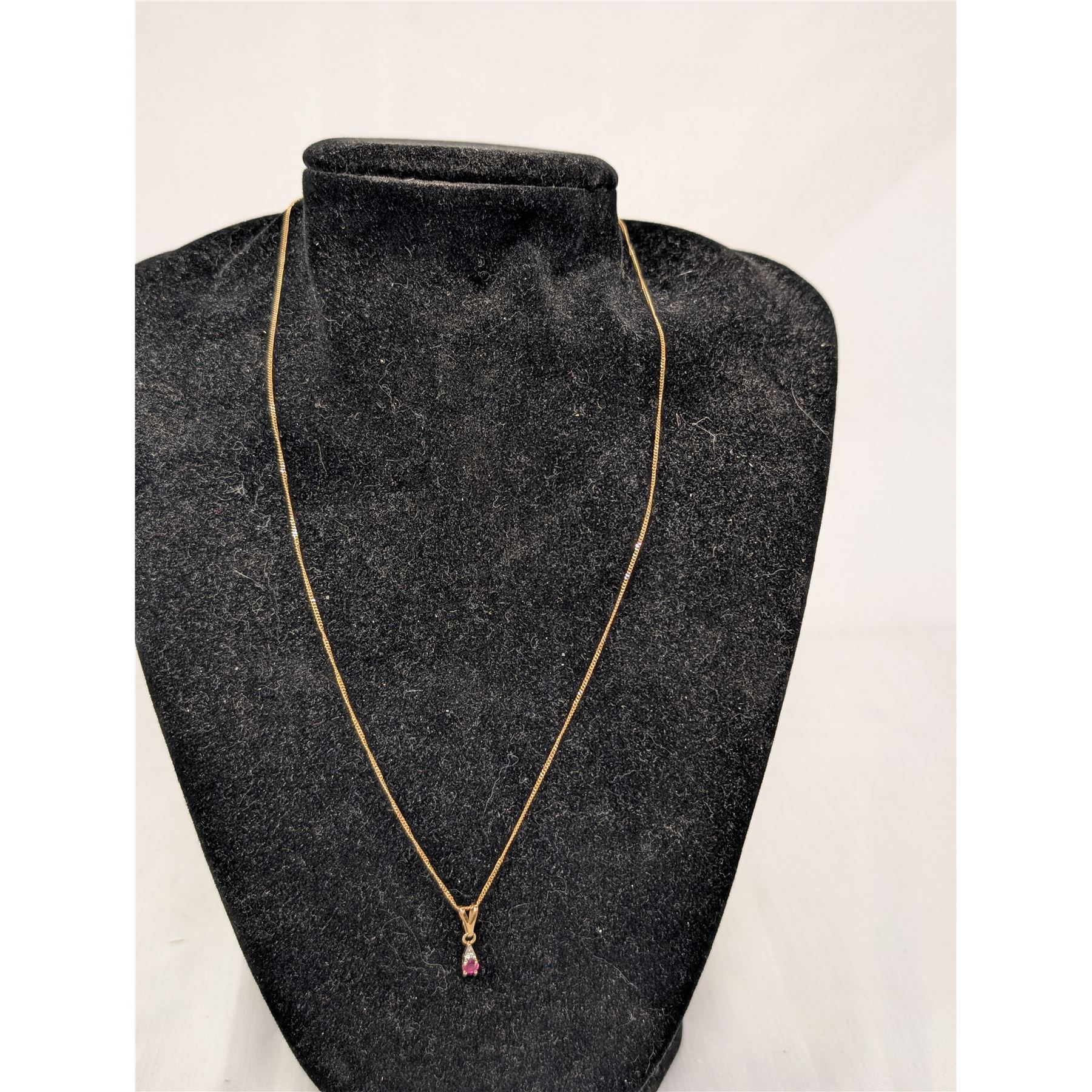 10k Gold Necklace with Small Ruby and Diamond Pendant