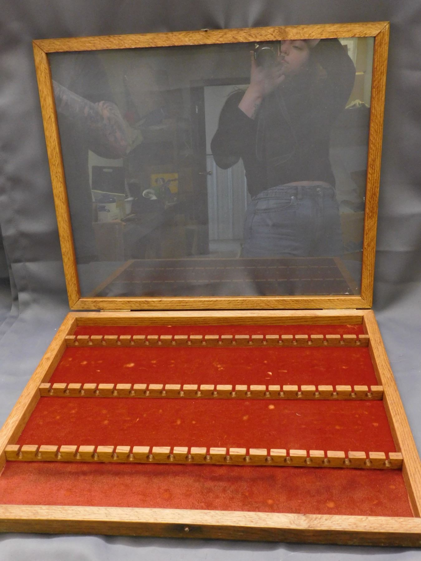 Souvenir Spoon Display Case Wood & Red Velvet 60 slots