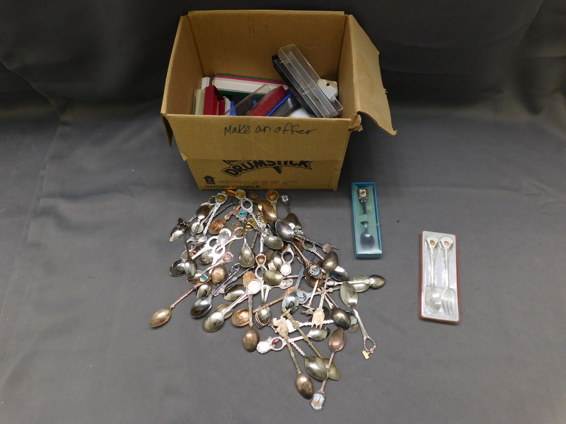 Lot of 50+ Collectible Souvenir Spoons, boxes, etc