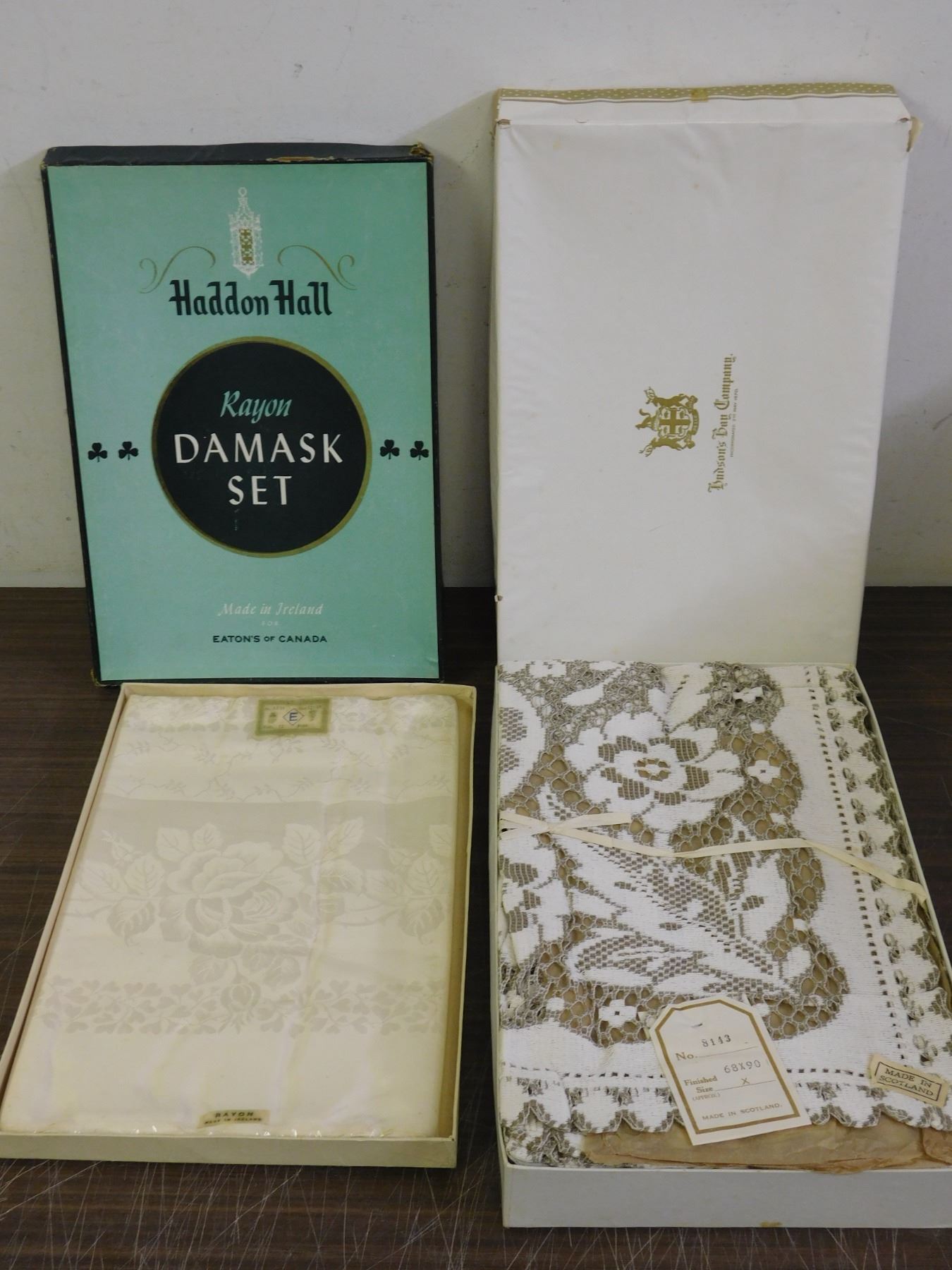 Lot of 2 Damask Haddon Hall and Hudson Bay Scottish Lace Linens