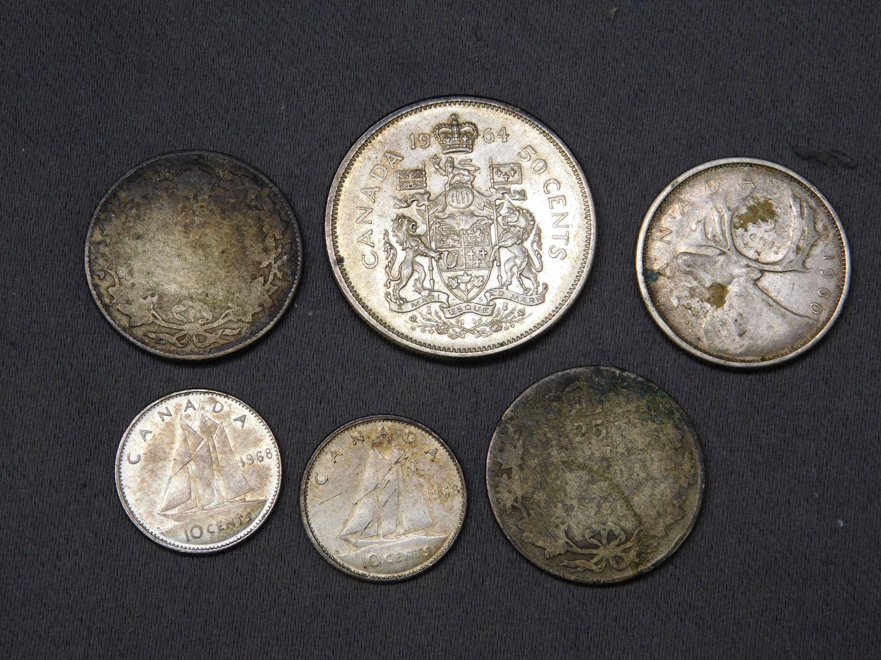 Lot of 6 Silver CAD Coins 50c Piece 1964, 25c Pieces 1960 and 1920 ...