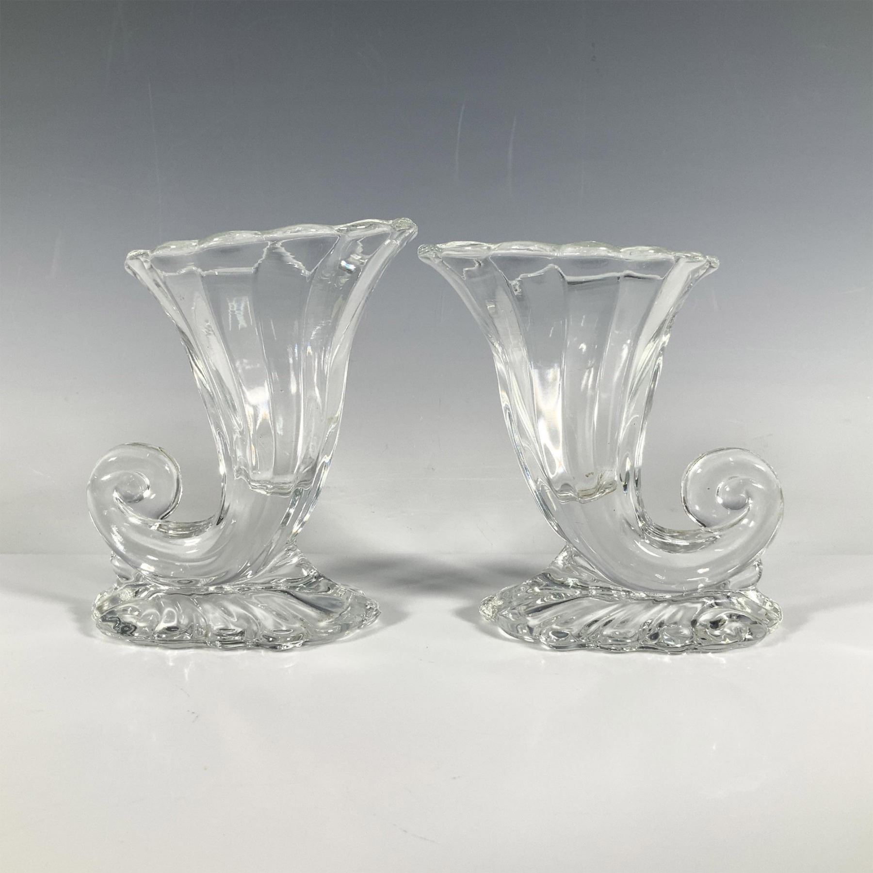 Pair of 1940s Heisey Warwick Clear Glass Cornucopia Vases
