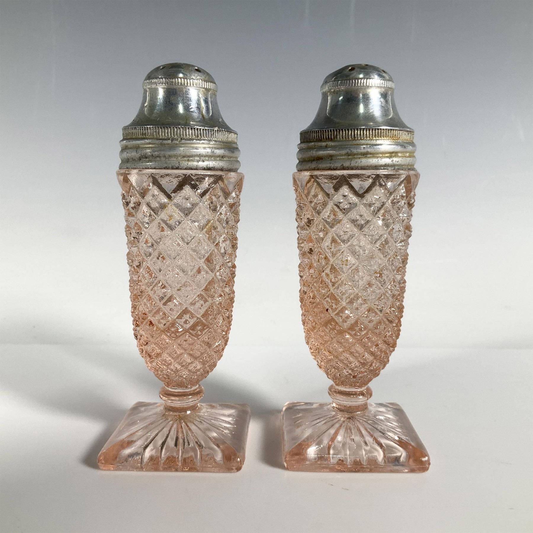 2pc Vintage Pink Depression Glass Salt + Pepper Shakers