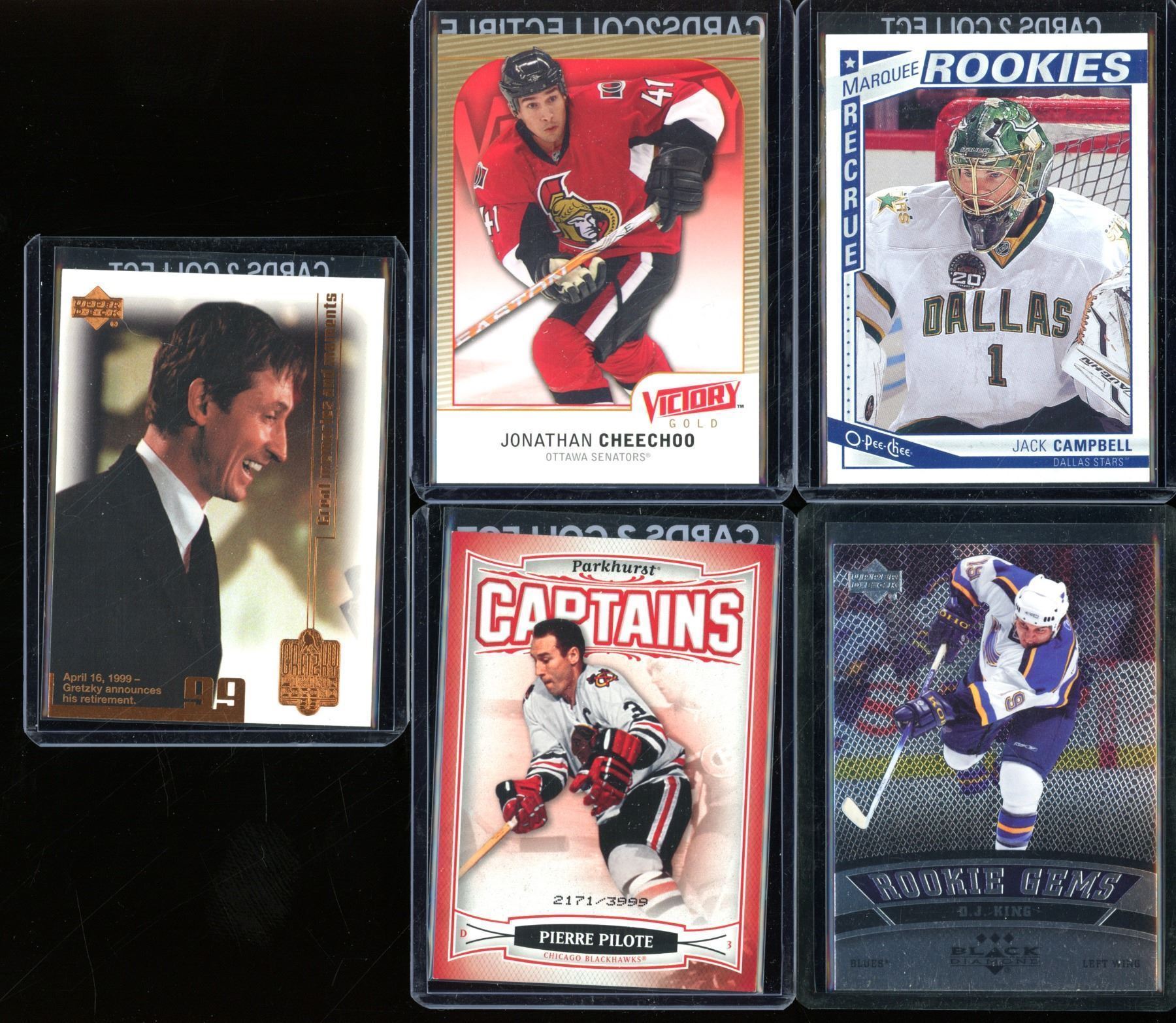 5 Hockey Card Rookie & Inserts Lot Jack Campbell, Pierre Pilote, Wayne ...