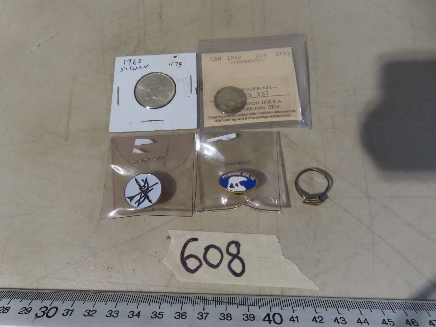 1968 silver 25 cent, 1962 silver 10 cents, 26-SN8-27 sterling ring and 2 pins) - Schmalz Auctions