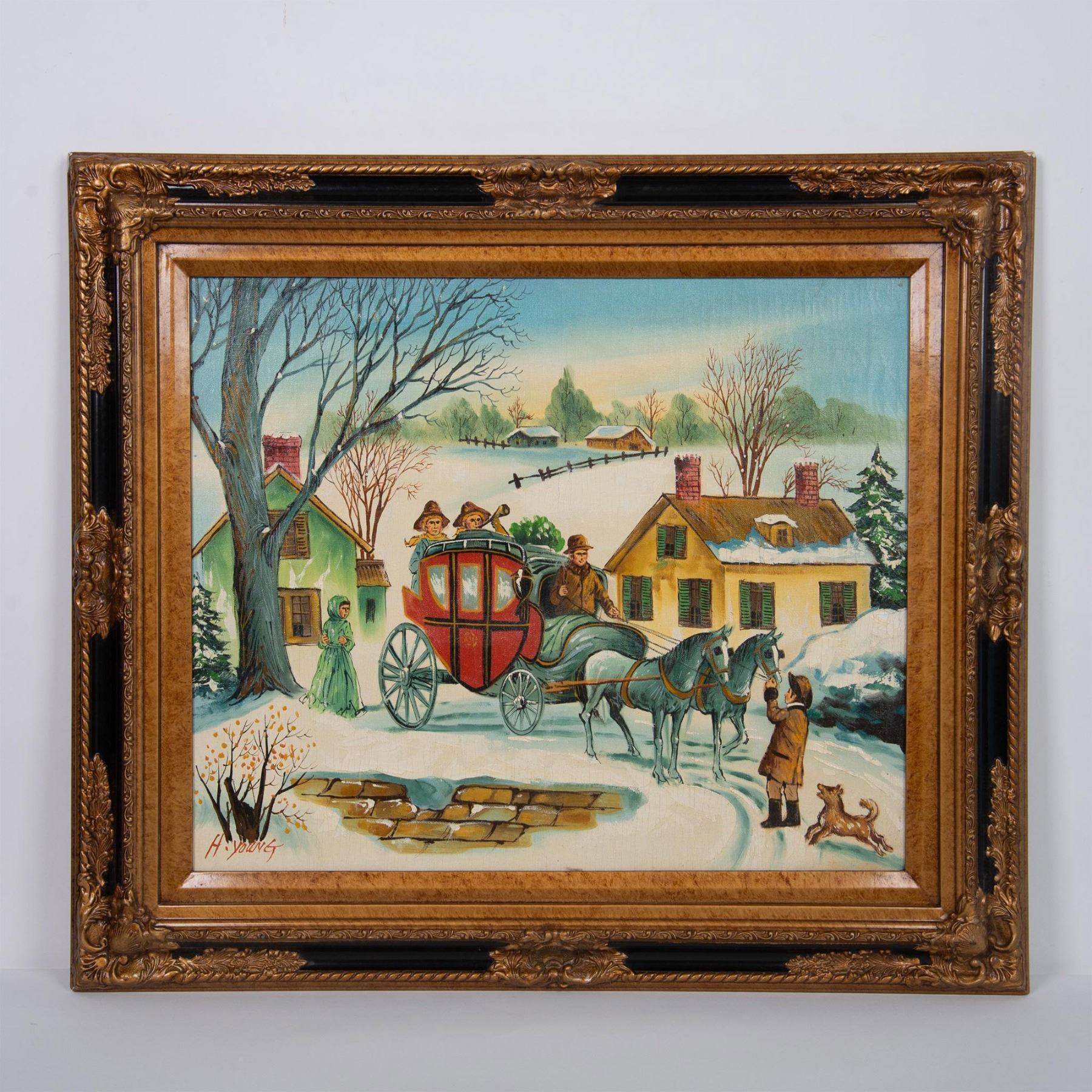 Original Folk Art Oil on Canvas, Rural Winter Scene, Signed