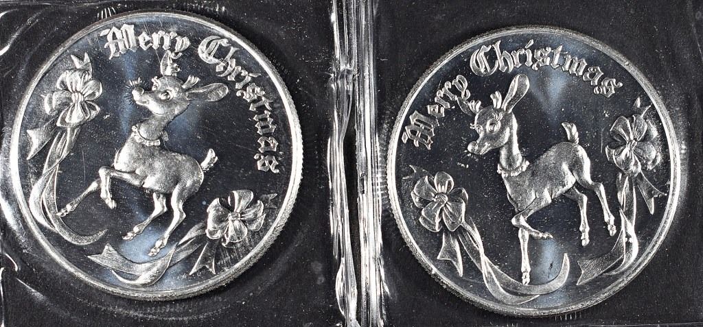 2 CHRISTMAS SILVER ROUNDS REINDEER