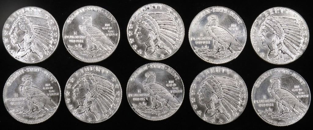 (10) 1/10 OZ .999 SILVER INDIAN DESIGN ROUNDS