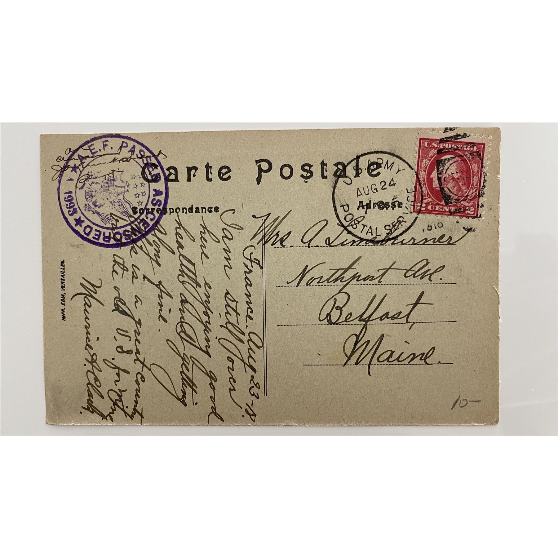 1918 AEF - WWI censored cover from U.S. soldier's mail