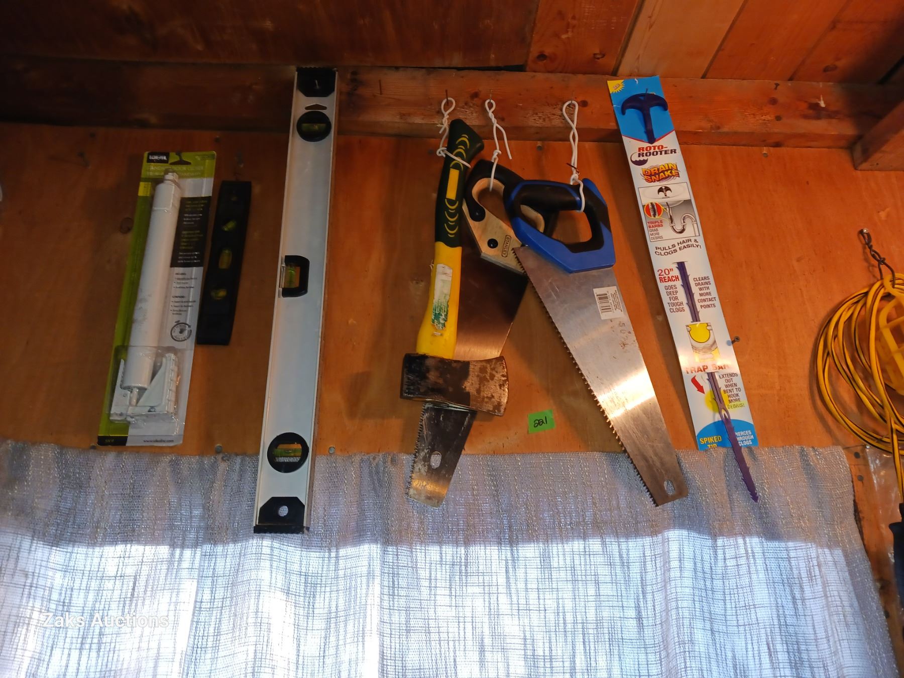 Hand Saw, Levels, Drain Snake, Door Closer, Hatchet Lot