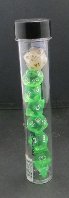 Tube of 7 Translucent Green Polyhedral RPG Sirius Dice with Bonus Pearl ...