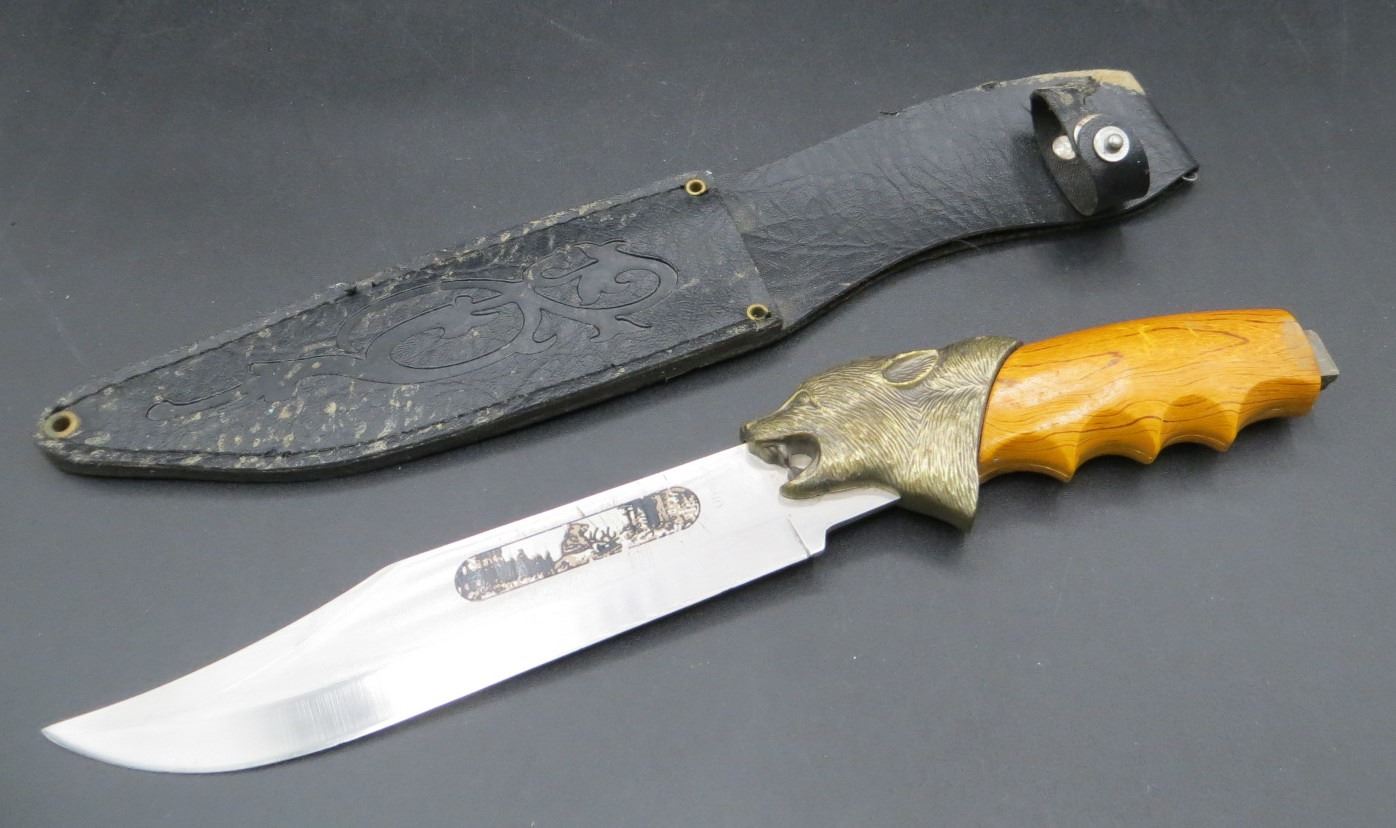 Rostfrei Bear Head Hunting Knife With Brass & Leather Sheath 13 Inches Long