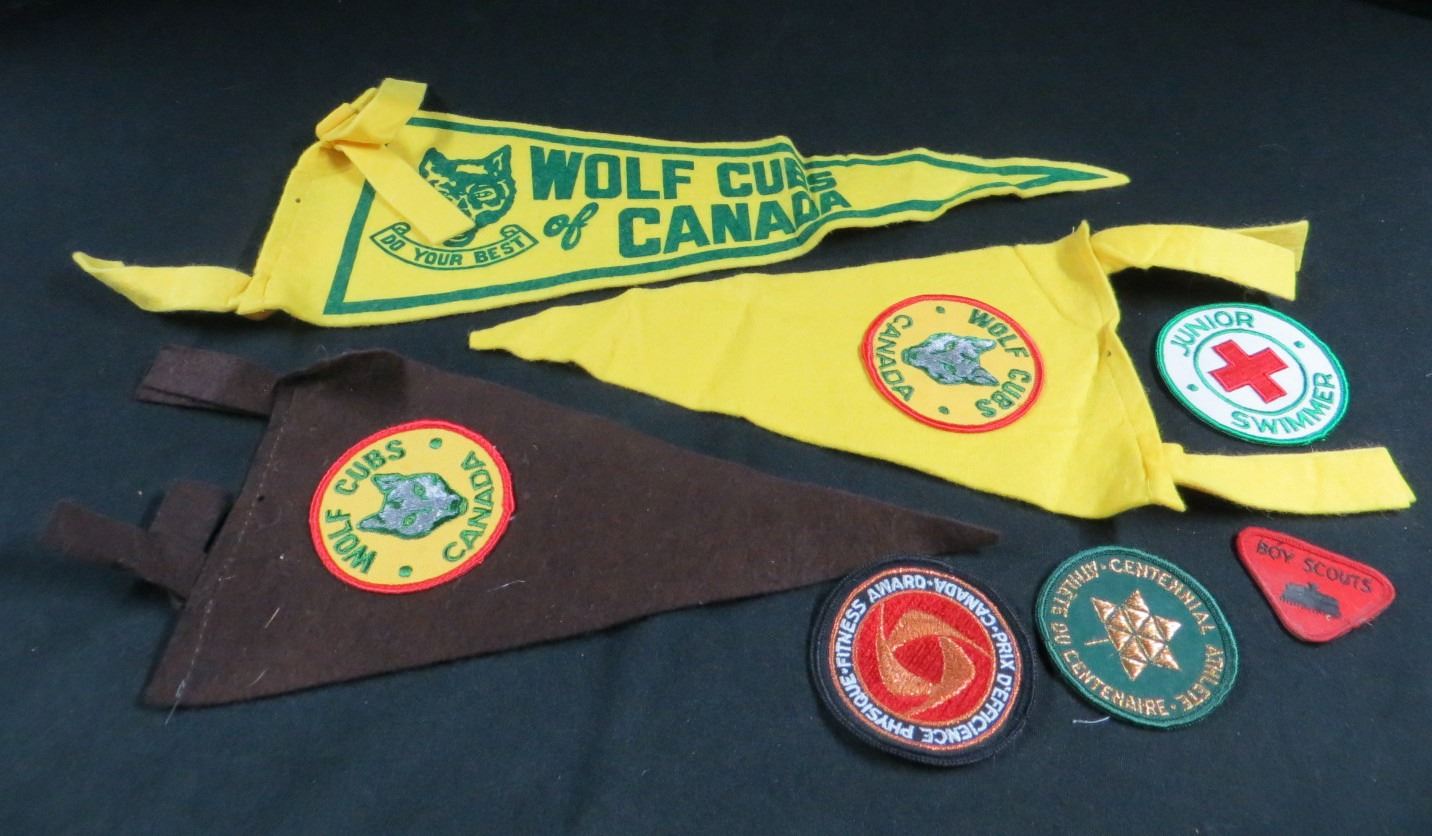 Vintage Wolf Club Pennants, Boy Scout & Award Badges
