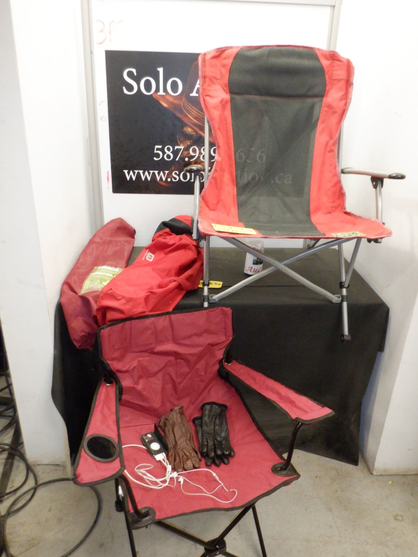 2 camping chairs with carrying cases both in red, 2 pairs of leather ...