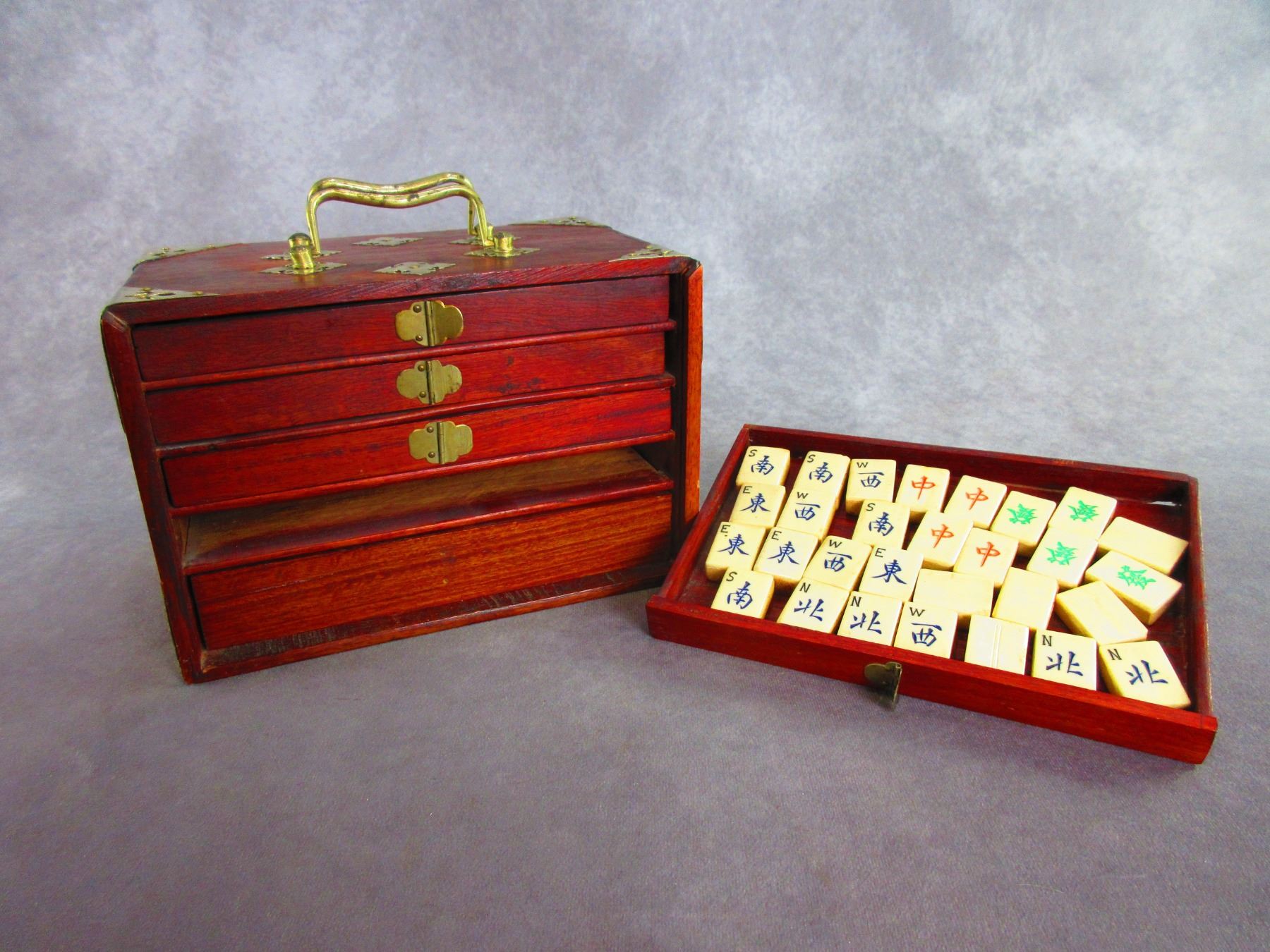 Mahjong Set With Bone And Teak Tiles With Dovetailed Case- Handle ...