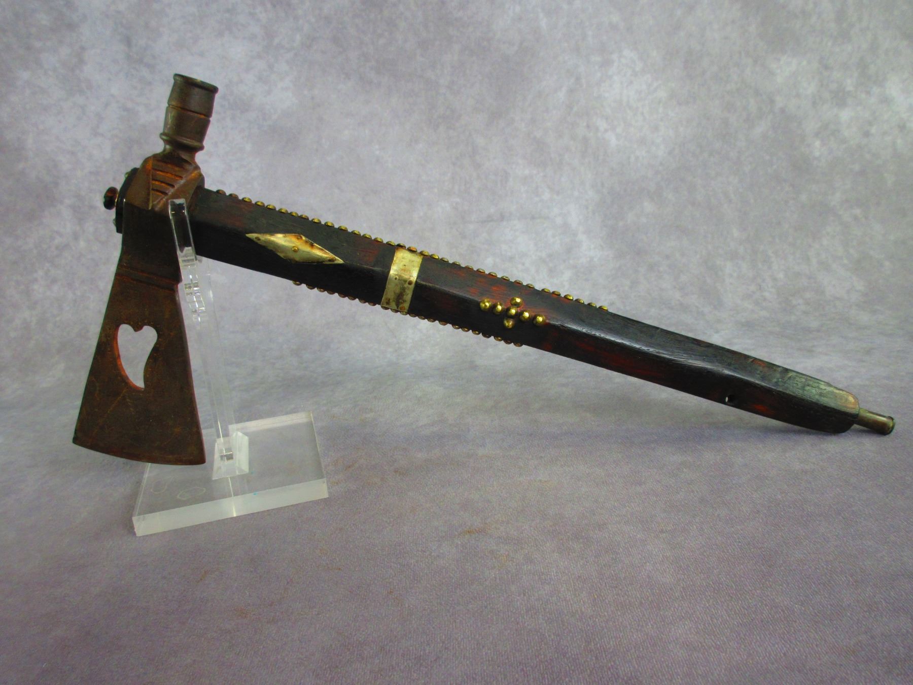Brass Tacked Pipe Tomahawk- Rifle Shell Casing Mouthpiece- 18" Stem- 8. ...