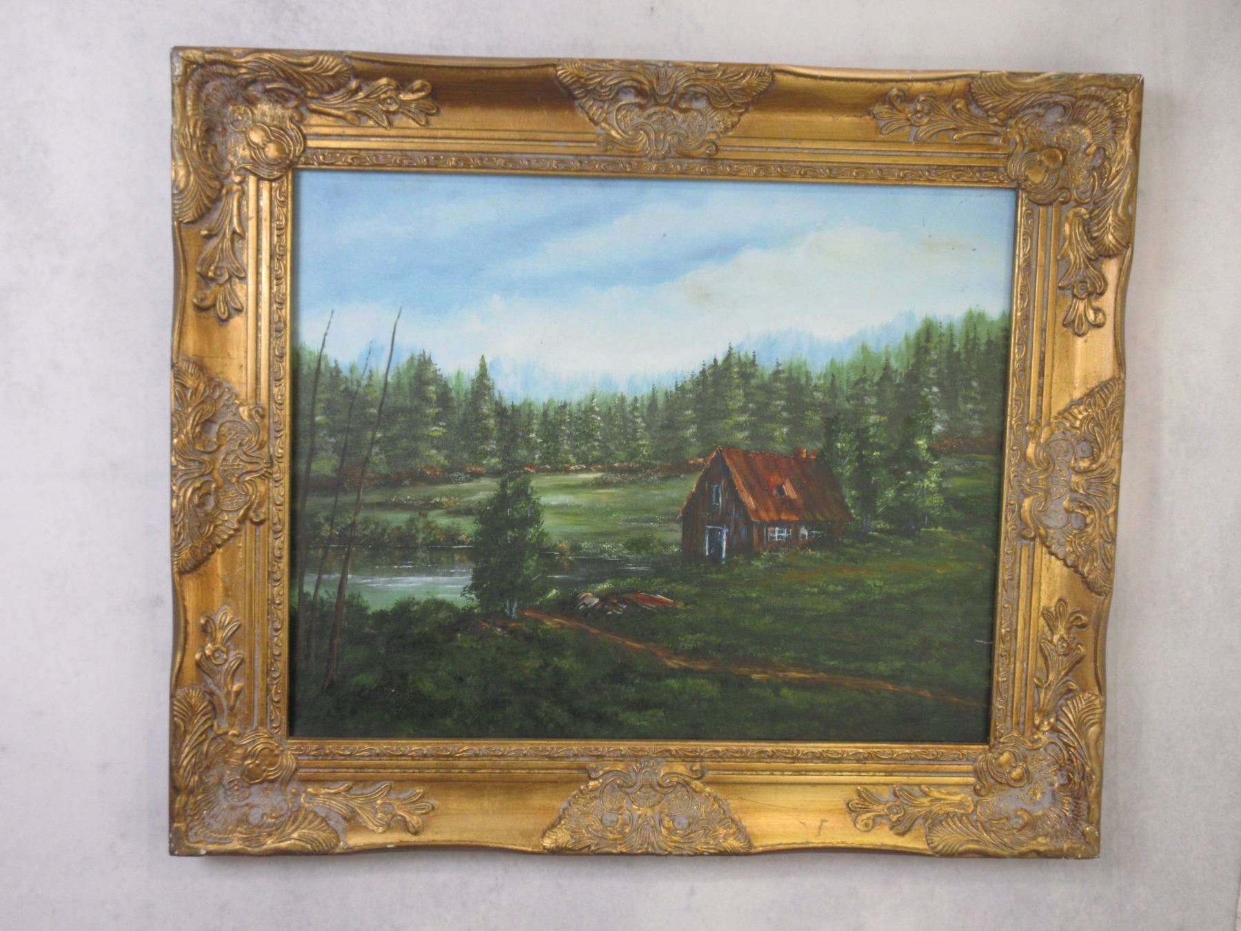 Original Oil Painting Of Mountain Cabin Scene- 25.5" X 21"